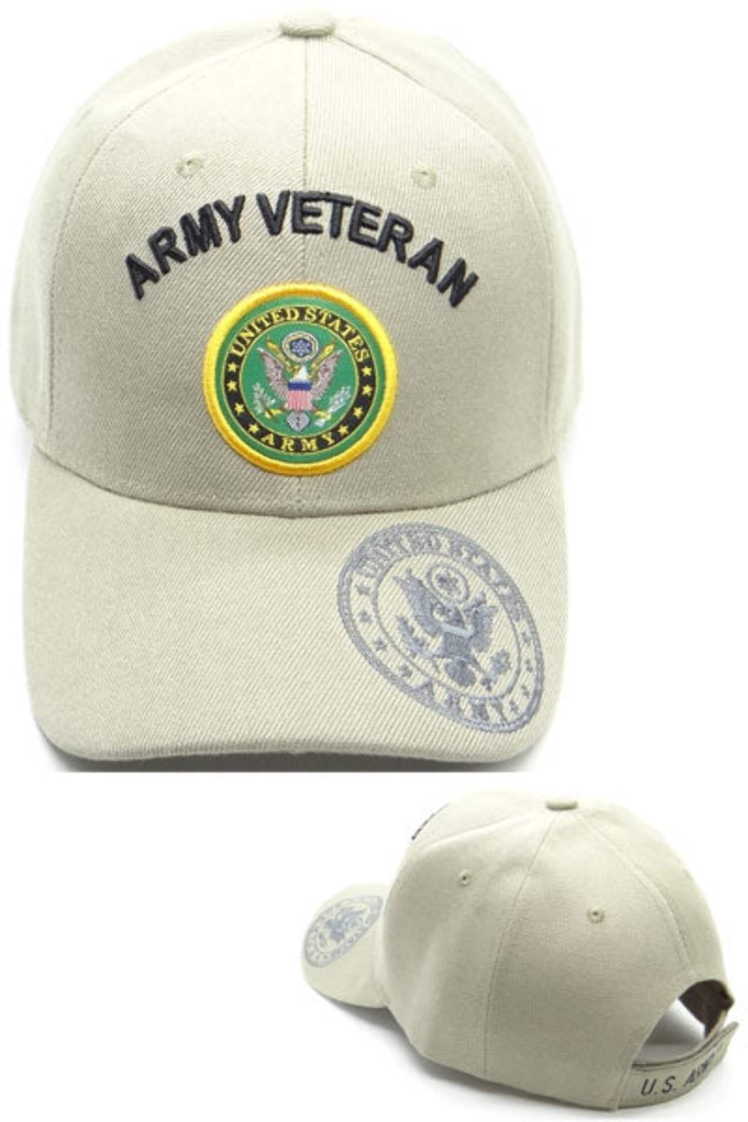 US Military Army Veteran Emblem on Brim Khaki Adjustable Baseball Hat ...