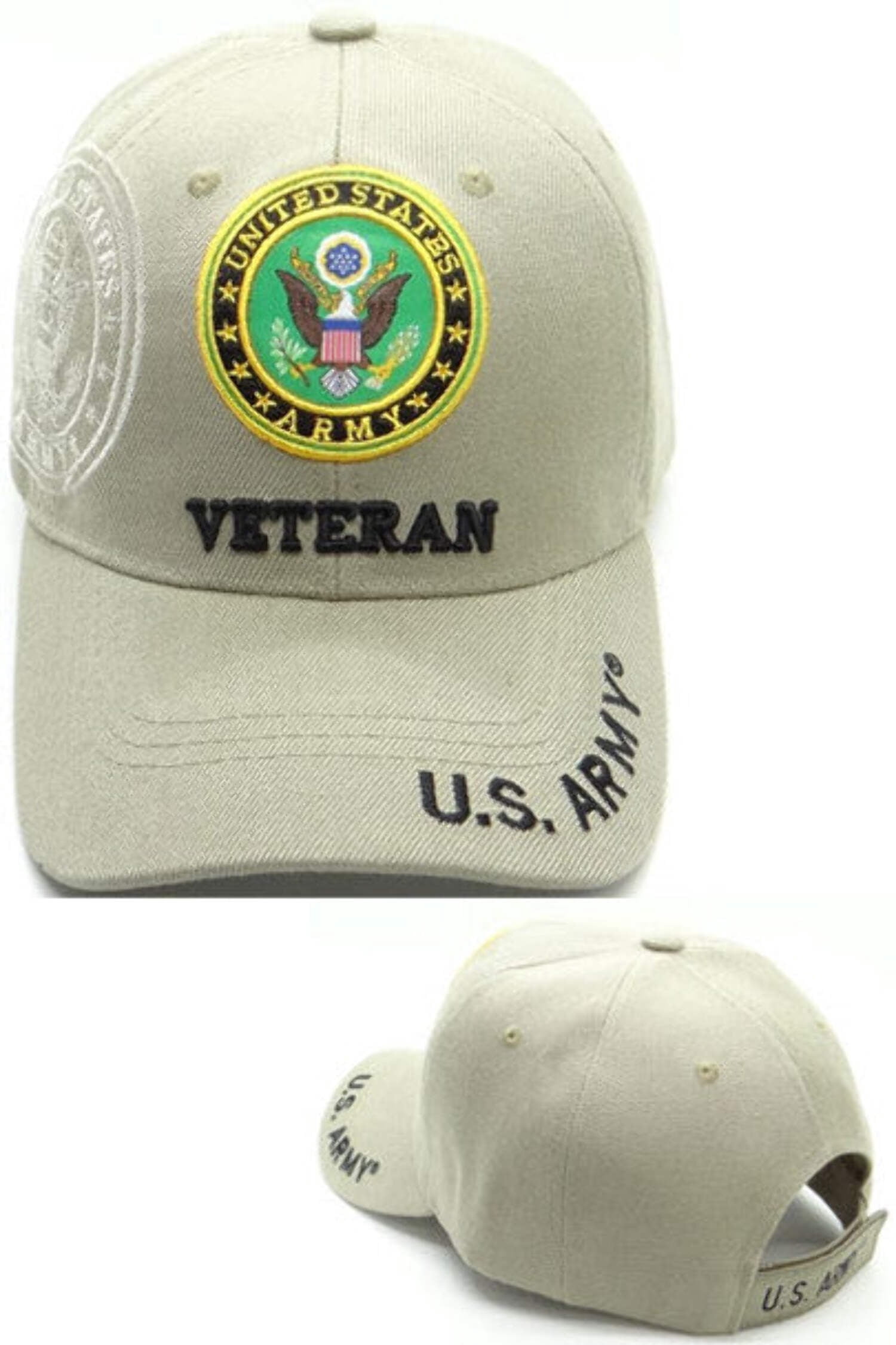 US Military Army Veteran Emblem on Side Khaki Adjustable Baseball Hat ...