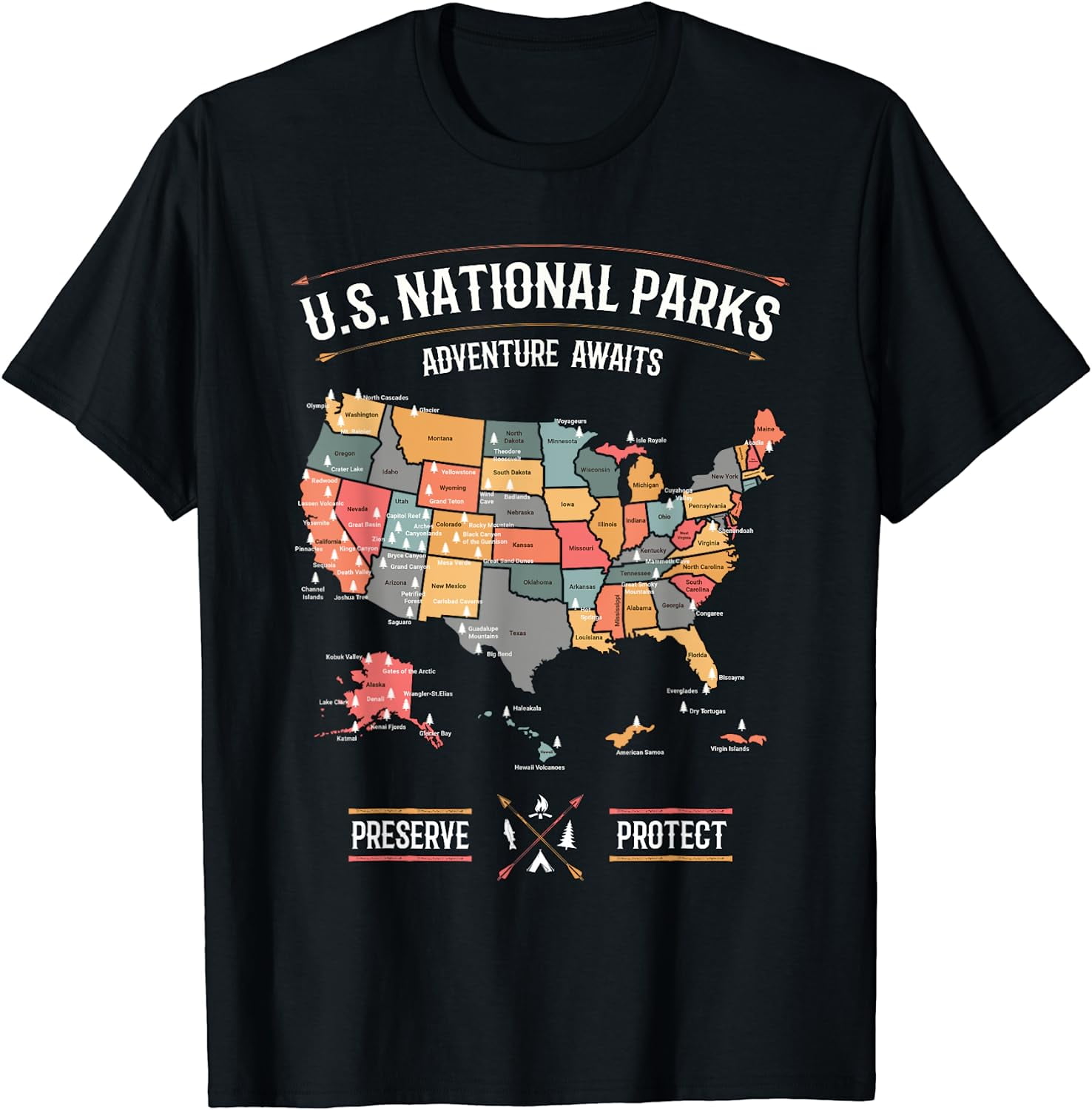 US National Parks Map Preserve Protect Hiking Camping Gift T-Shirt ...