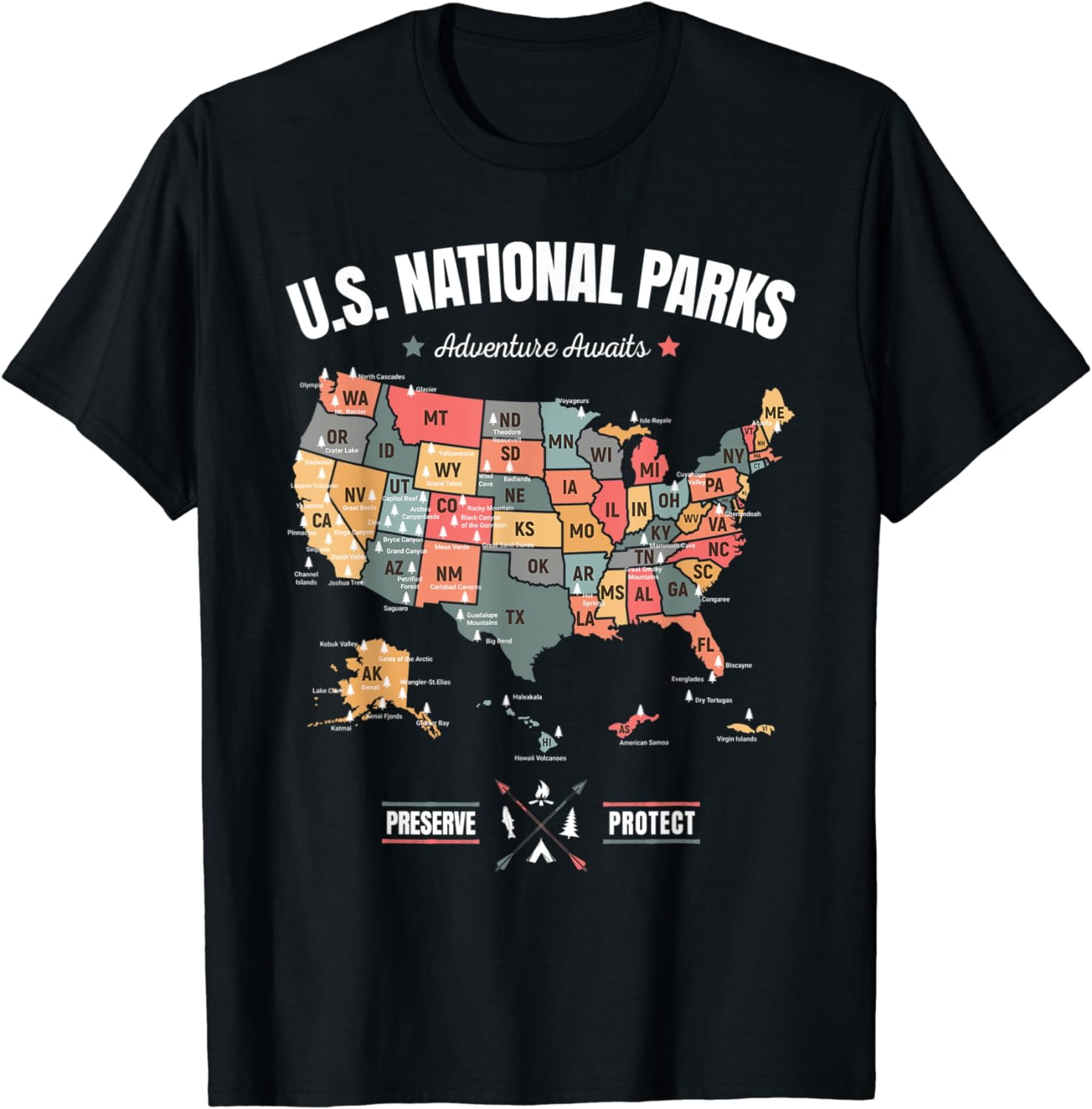 US National Parks Map Preserve Protect Hiking Camping Gift T-Shirt ...