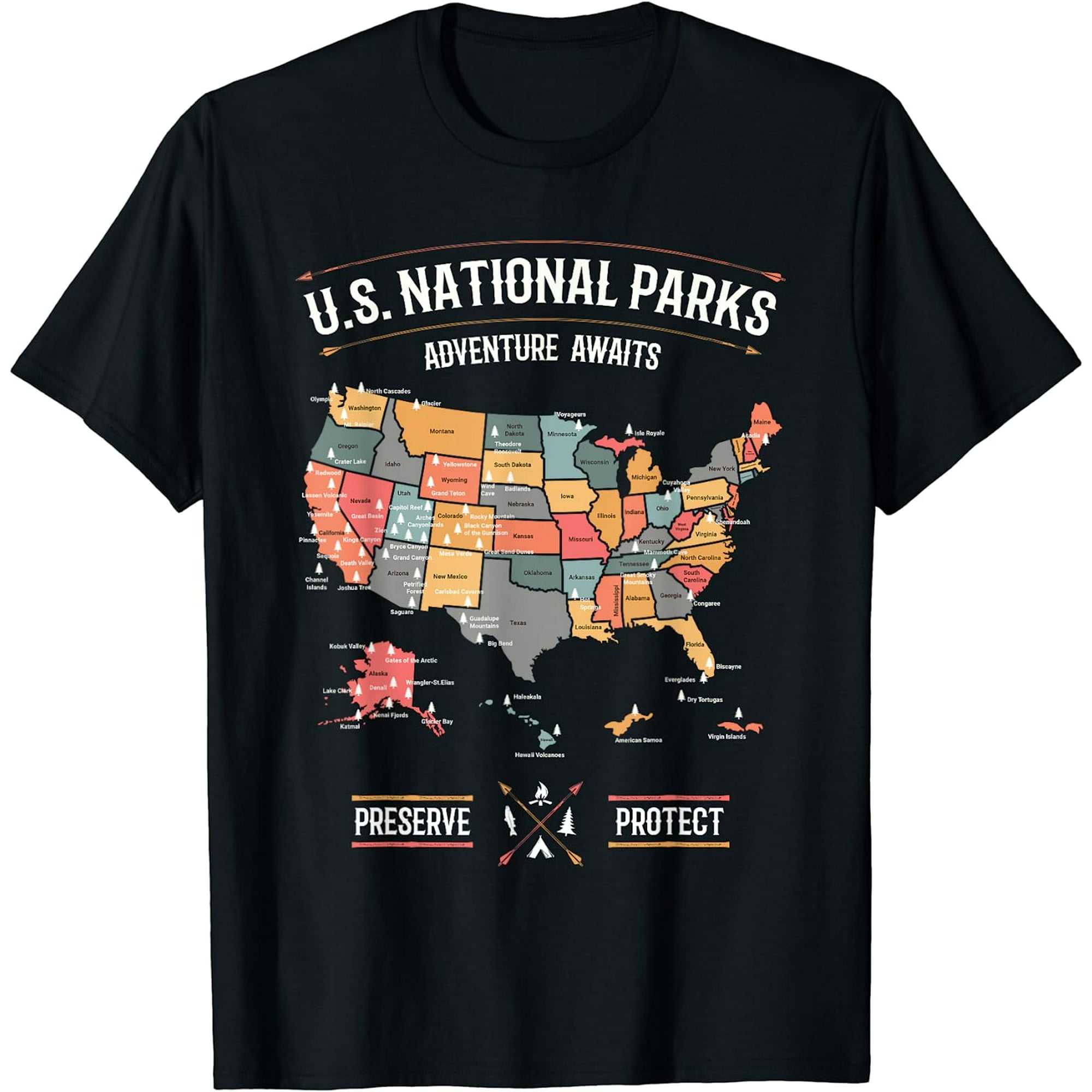 US National Parks Map Protect Hiking Camping Black T-Shirt Crew Neck ...