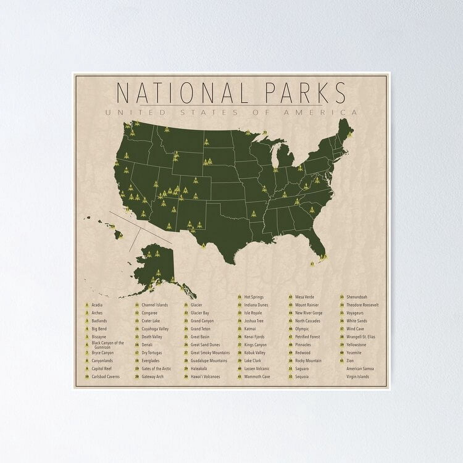 US National Parks w/ State Borders Poster, 8x12 UNFRAMED - Walmart.com