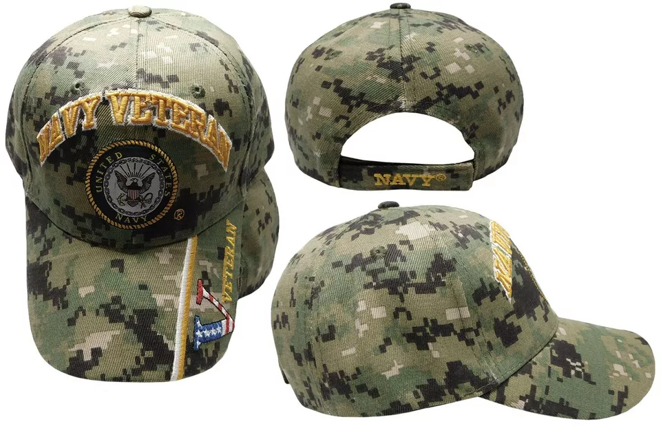 US Navy VETERAN Licensed Cap Navy Veteran & Navy Emblem WOODLAND Camo ...