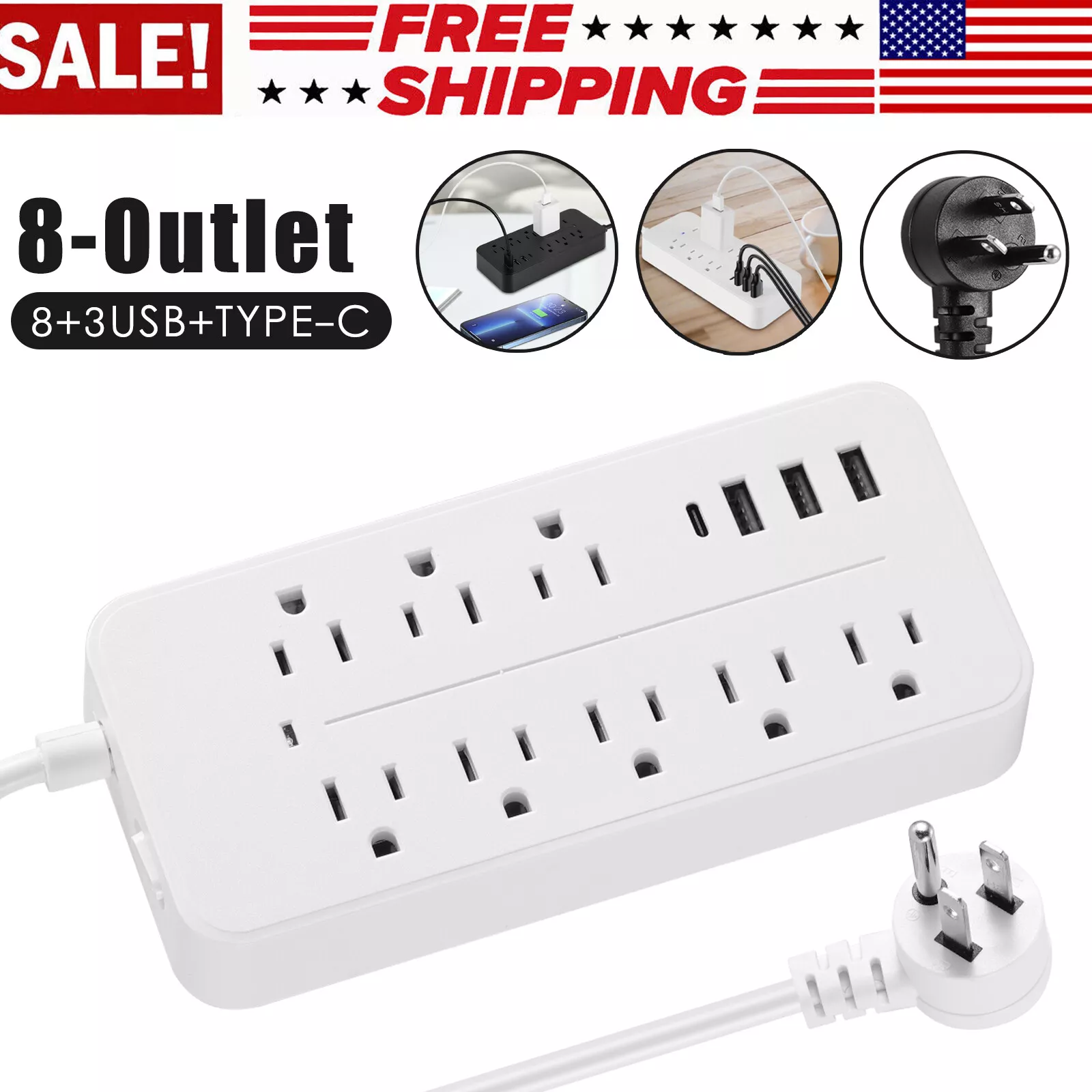 US Power Strip Surge Protector 8 AC Outlets 3 USB Ports 1 Type C USB-C ...