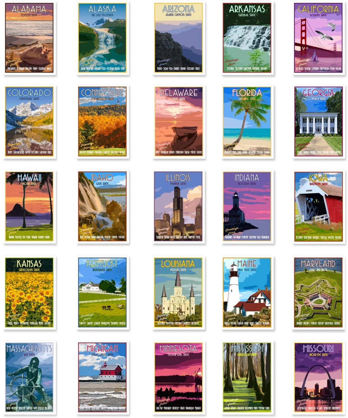 US STATE TRAVEL POSTERS Set of 50 . United States vintage style poster ...