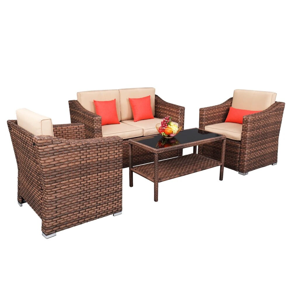 US Warehouse Wide Rattan Double Contiguous Rattan Four-Piece Suit 1 ...