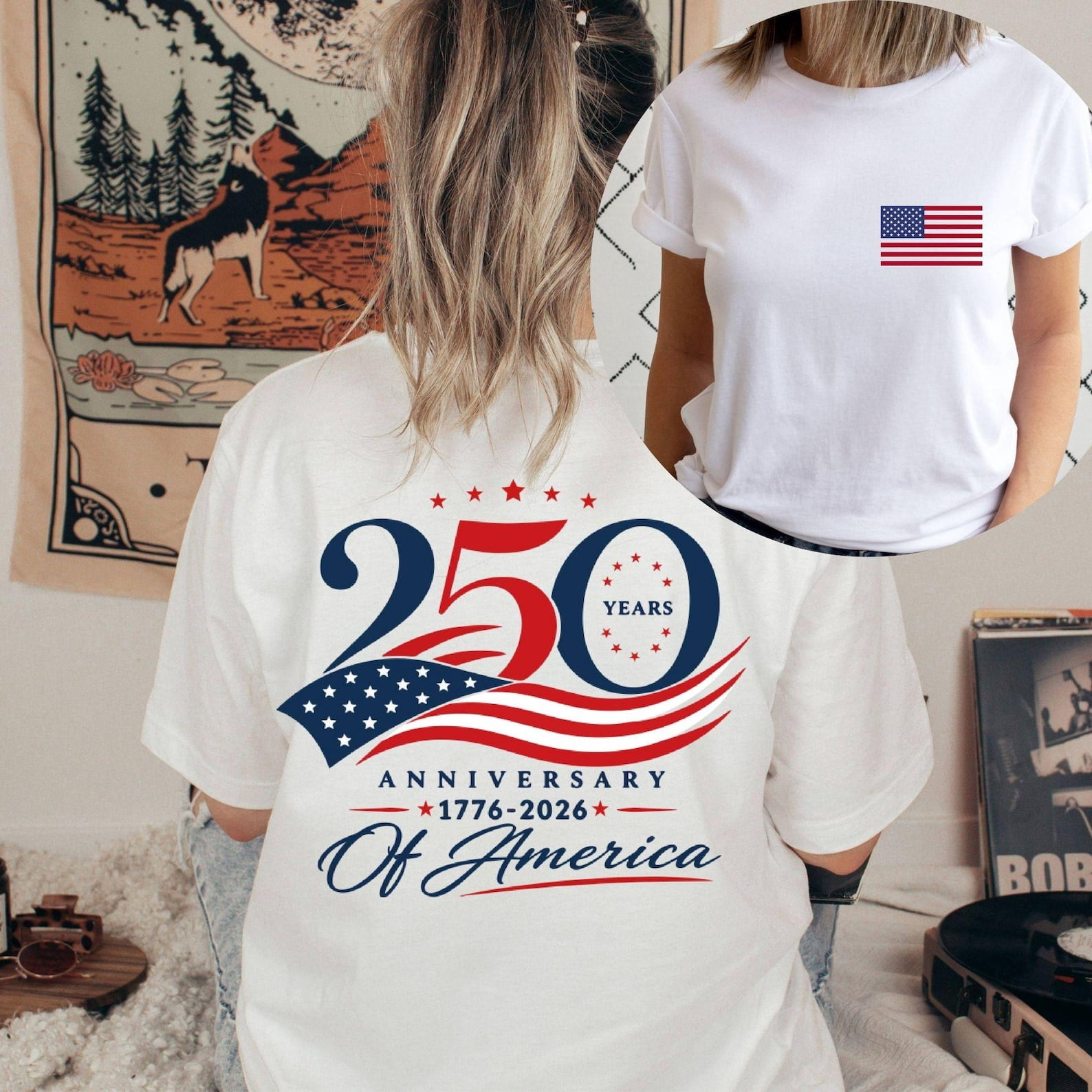 USA 250th Anniversary American Flag Tee, Front Back Print 1776 to 2026 ...