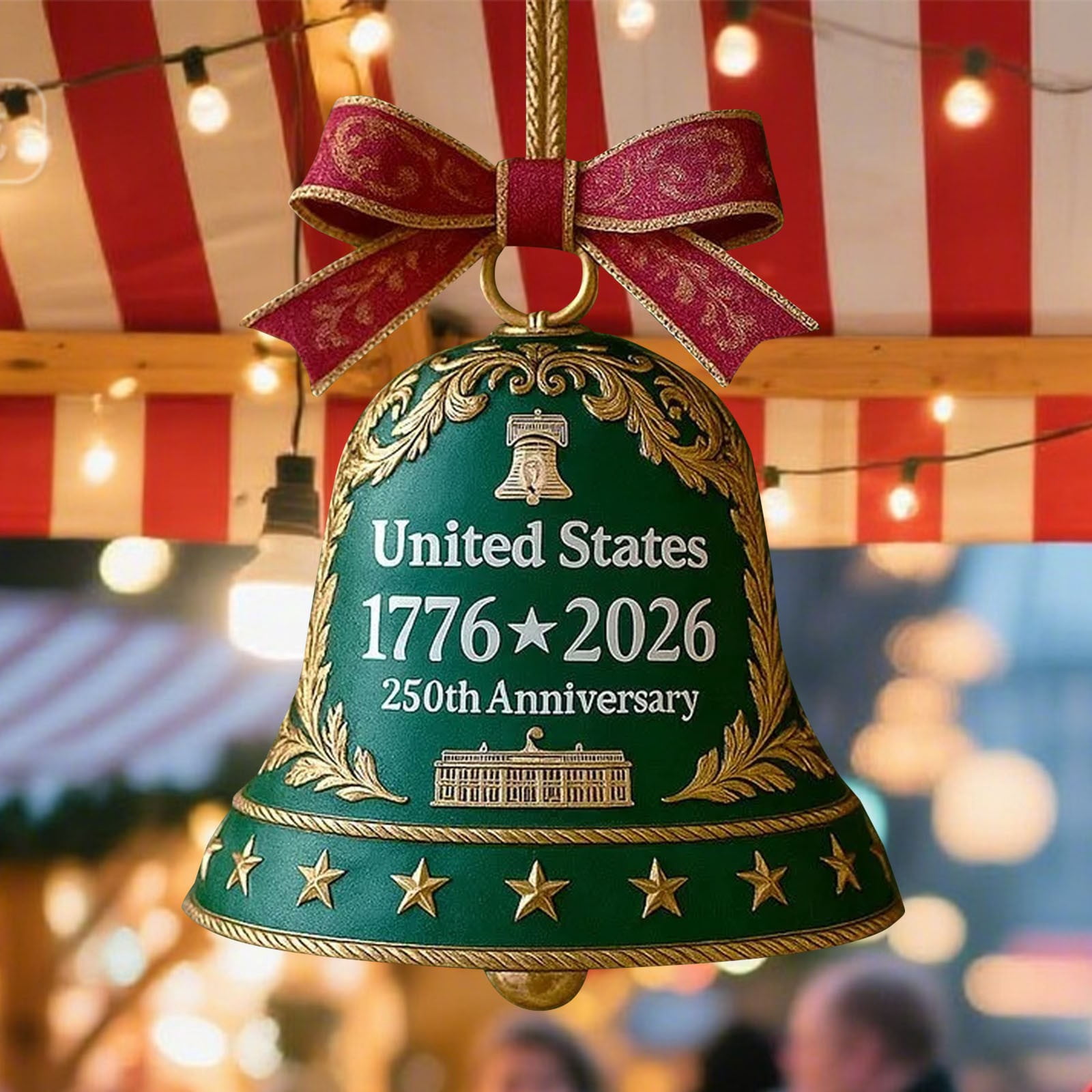 USA 250th Anniversary Bell Ornament - 3D Red & Gold Commemorative ...