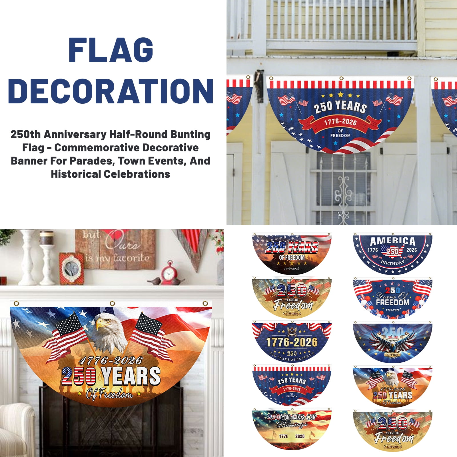 USA 250th Anniversary Eagle Half Round Banner 35.43*17.72in Patriotic ...