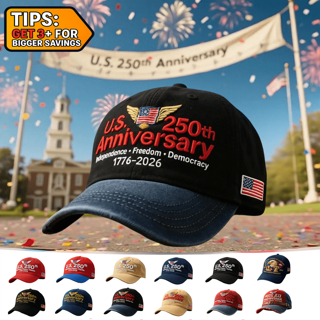 USA 250th Anniversary Embroidered Commemorative Hat, Patriotic Retro ...