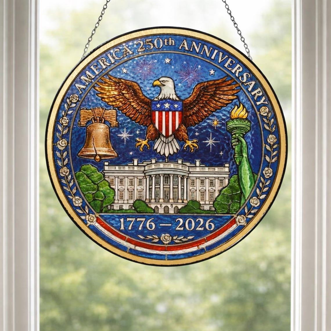 USA 250th Anniversary Glass Suncatcher v7, Patriotic Eagle Window Art ...