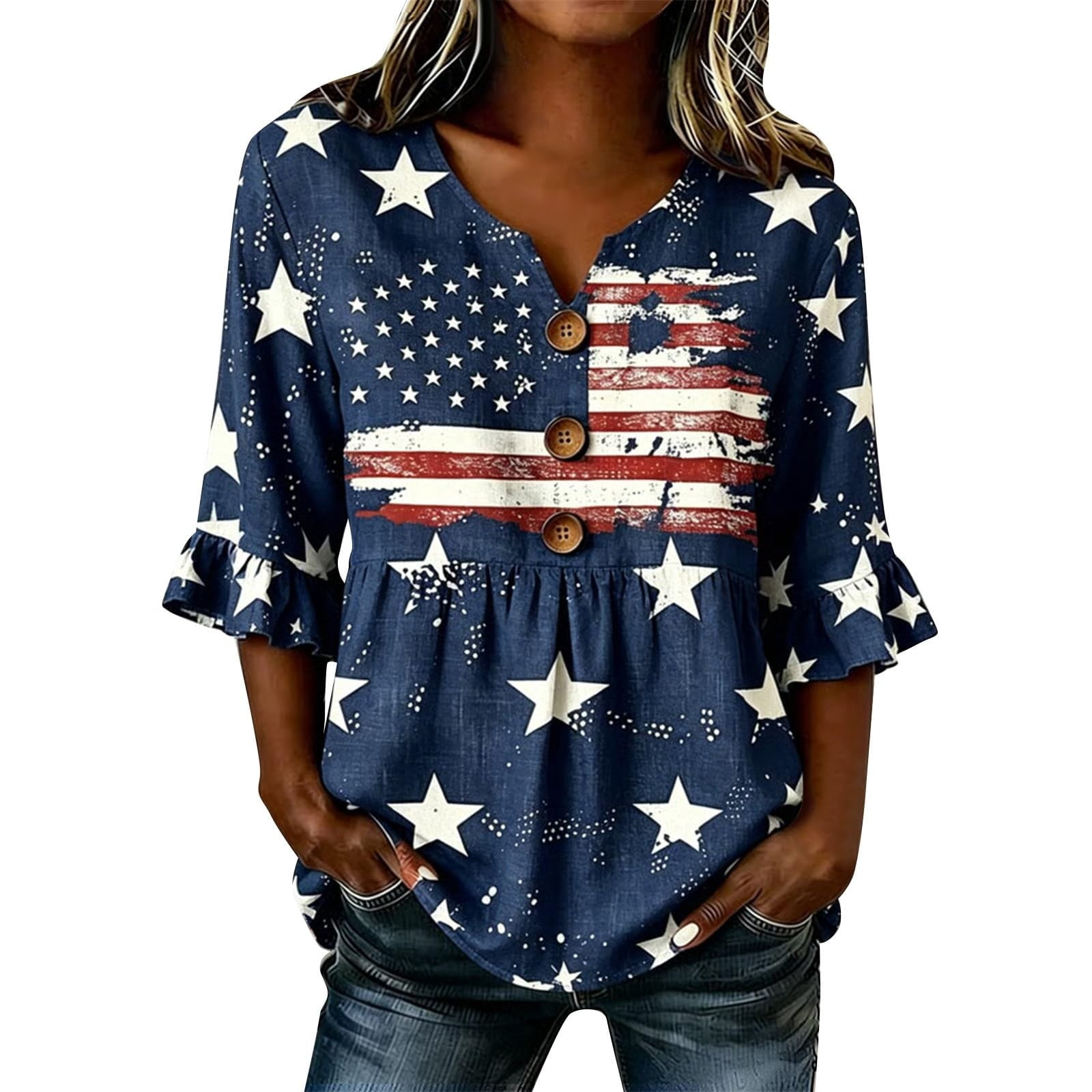 USA 250th Anniversary Shirt Women 3/4 Sleeve V Neck Button Front Star ...