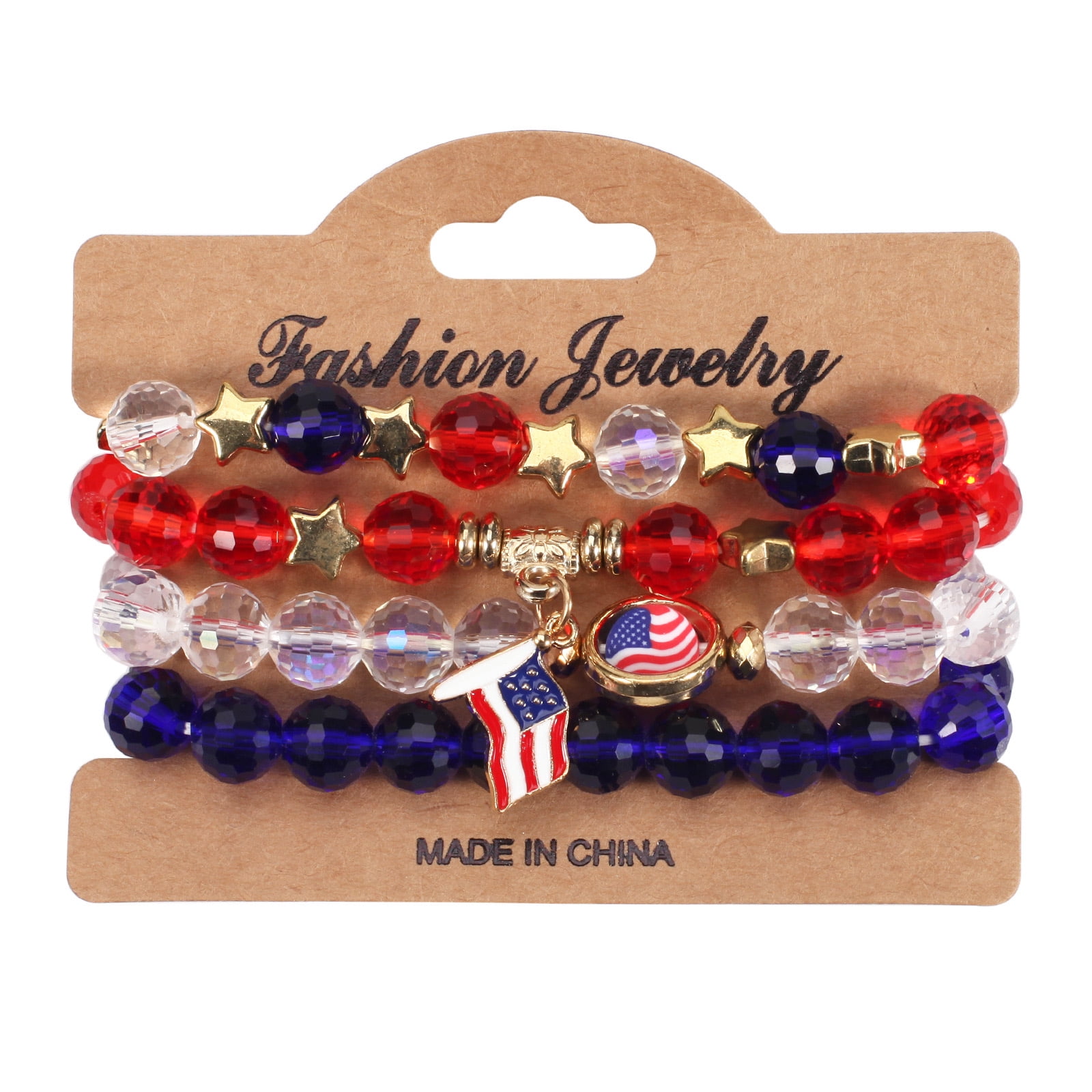 USA American Flag 4PCS Bracelet Set For Women Mens Red Blue White Beads ...