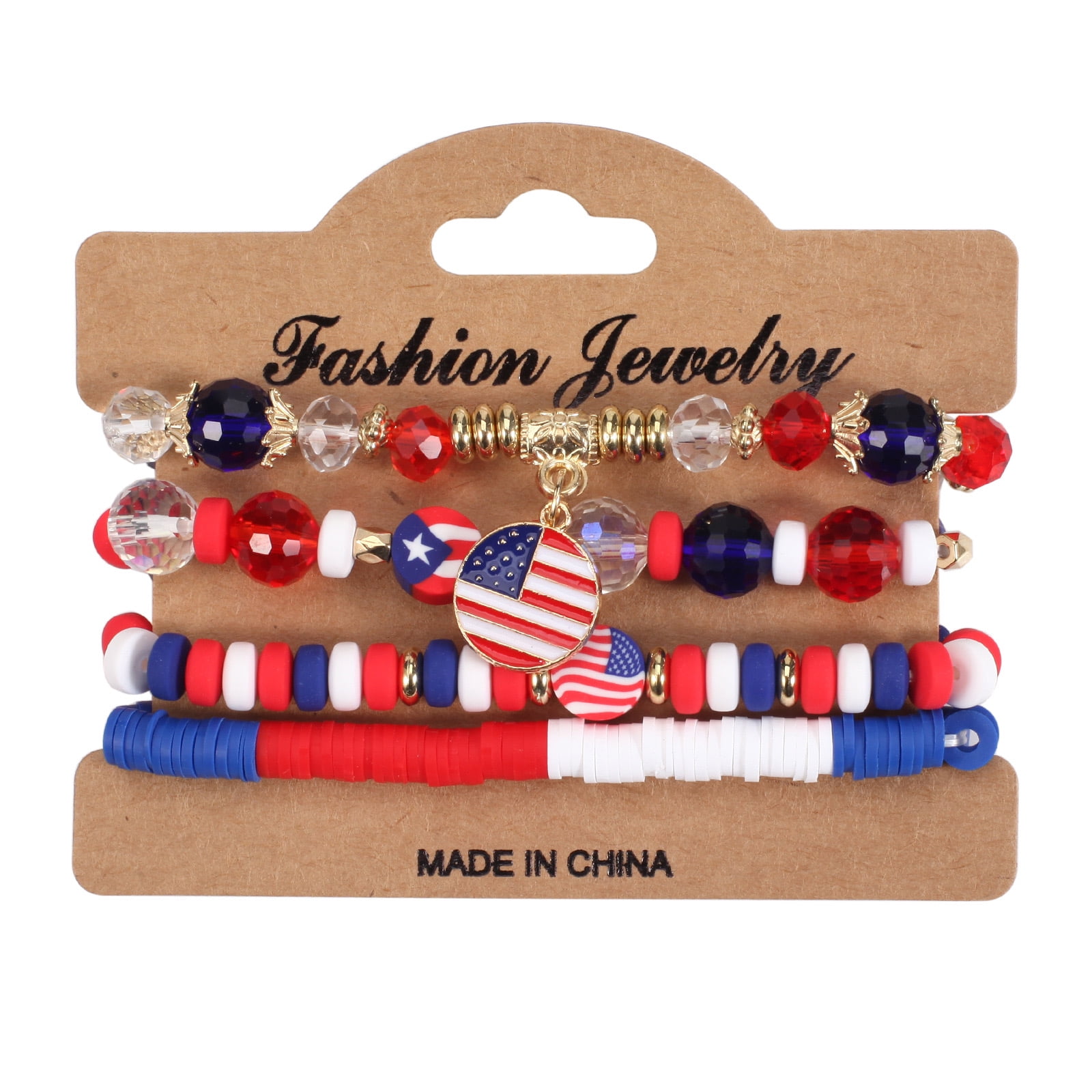 USA American Flag 4PCS Bracelet Set For Women Mens Red Blue White Beads ...