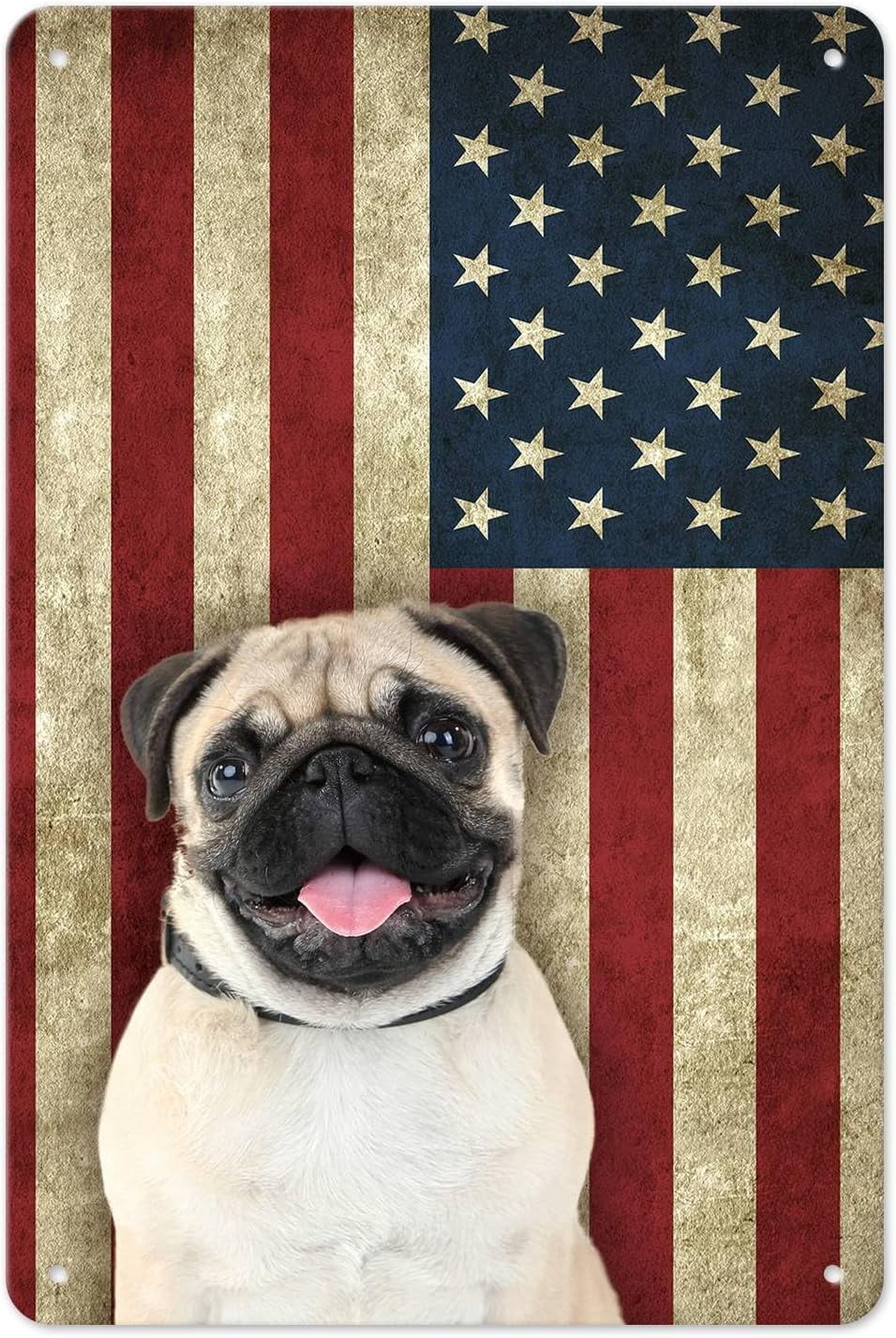 USA American Flag Tin Sign Cute Pug Dog Wall Decor Art Rustic Vintage ...