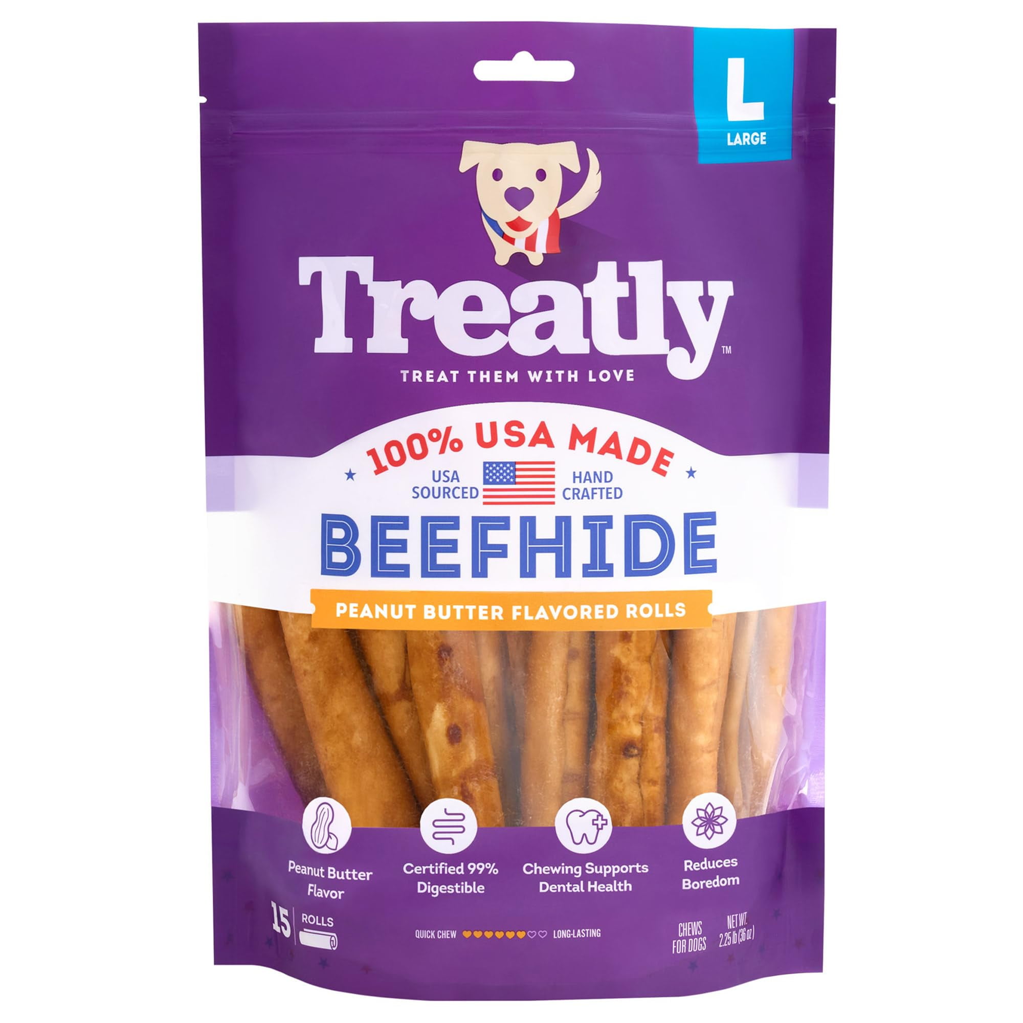 USA Beefhide Rolls 8-9" Dog Chew Treats - Peanut Butter Flavor, 15 ...