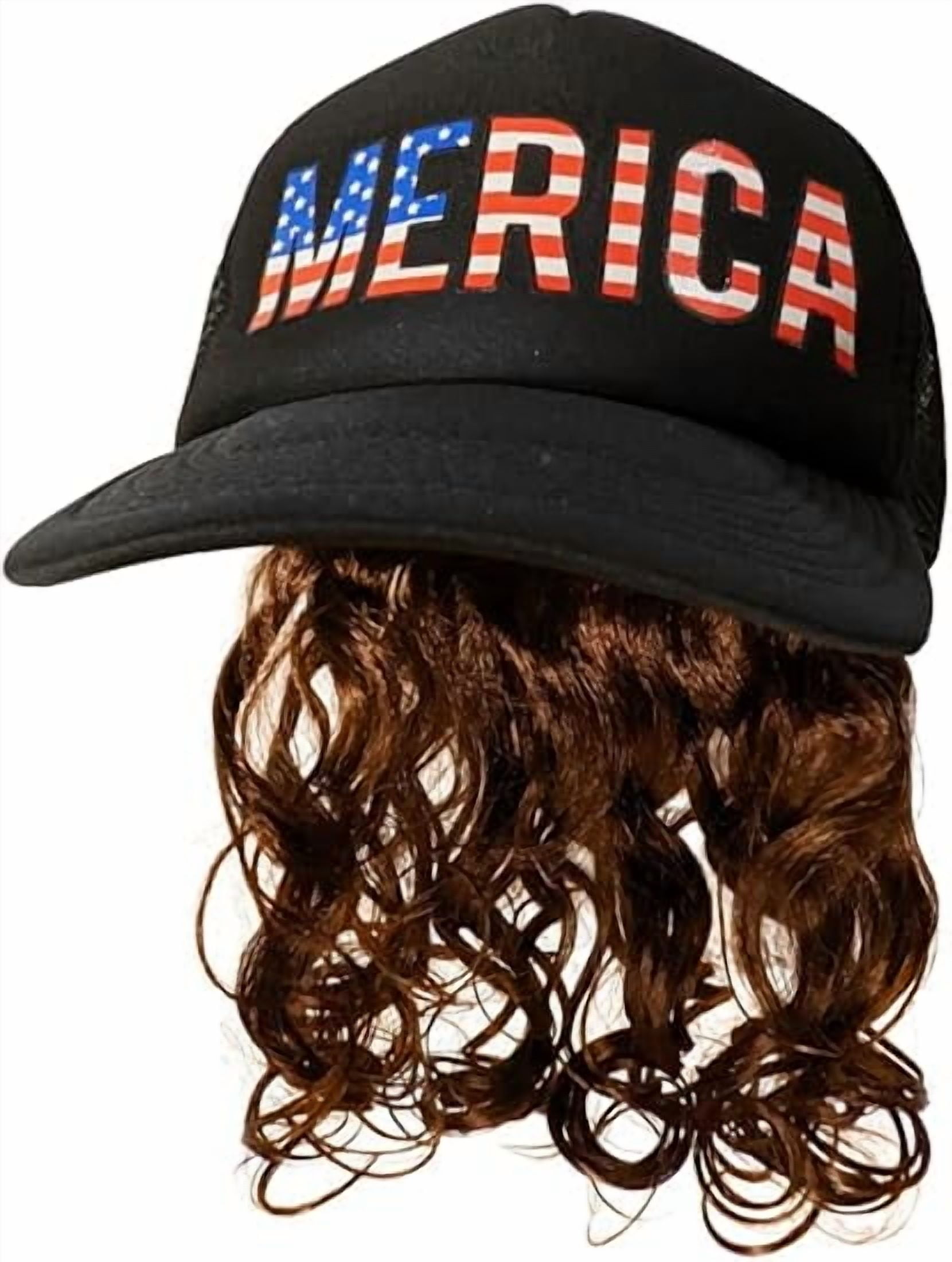 USA Black Mullet Hat Brown Wig Merica Redneck 4th of July All American ...