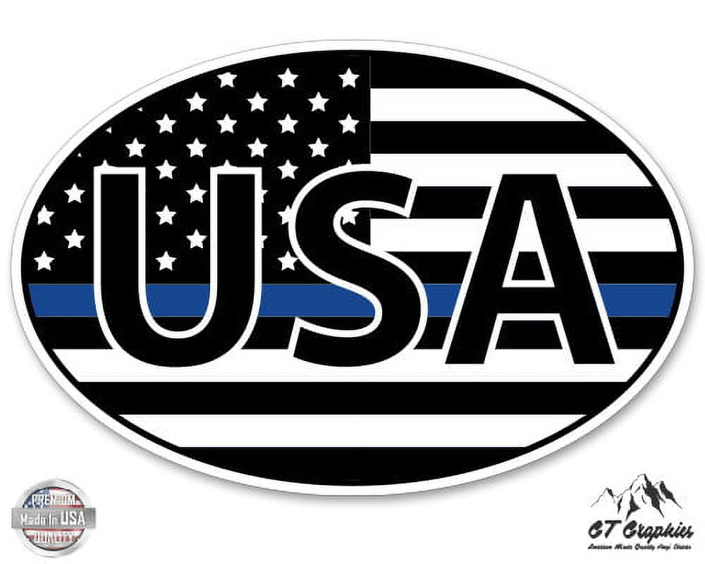 USA Blue Line Police Honor Flag Oval - 3" Vinyl Sticker - For Car ...