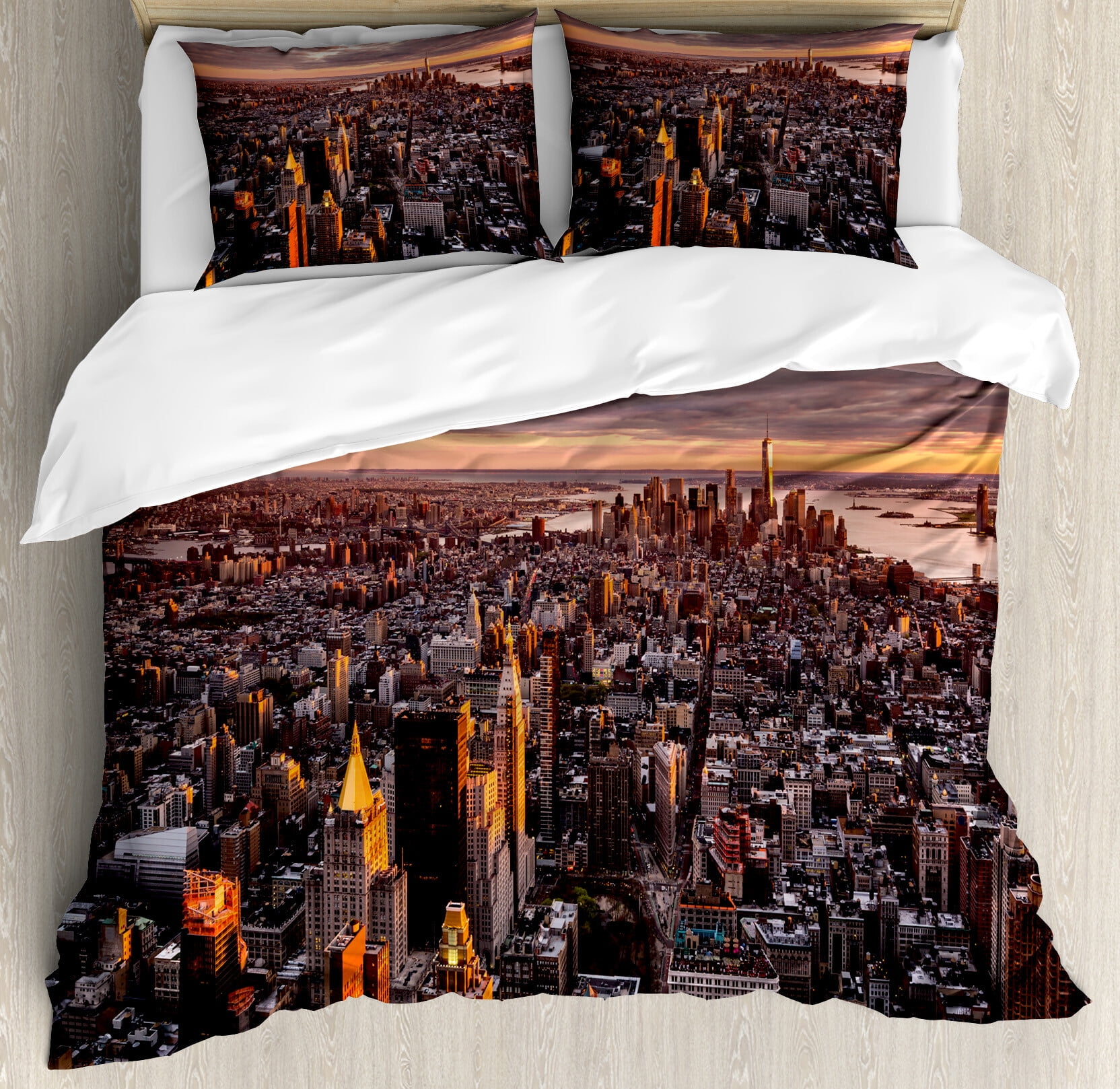 USA Duvet Cover Set, Aerial View of the Manhattan Skyline at Sunset ...