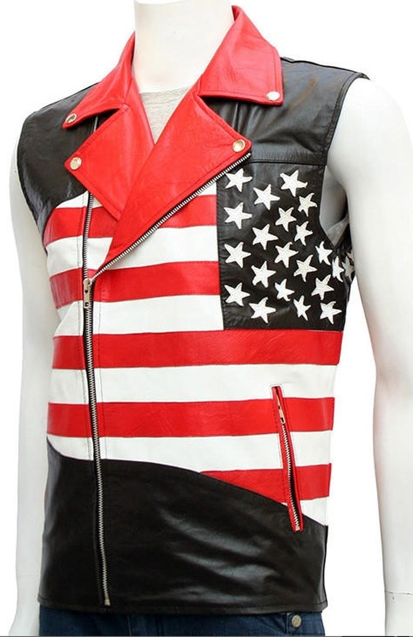 USA Flag American Black Biker Leather Vest - Walmart.com