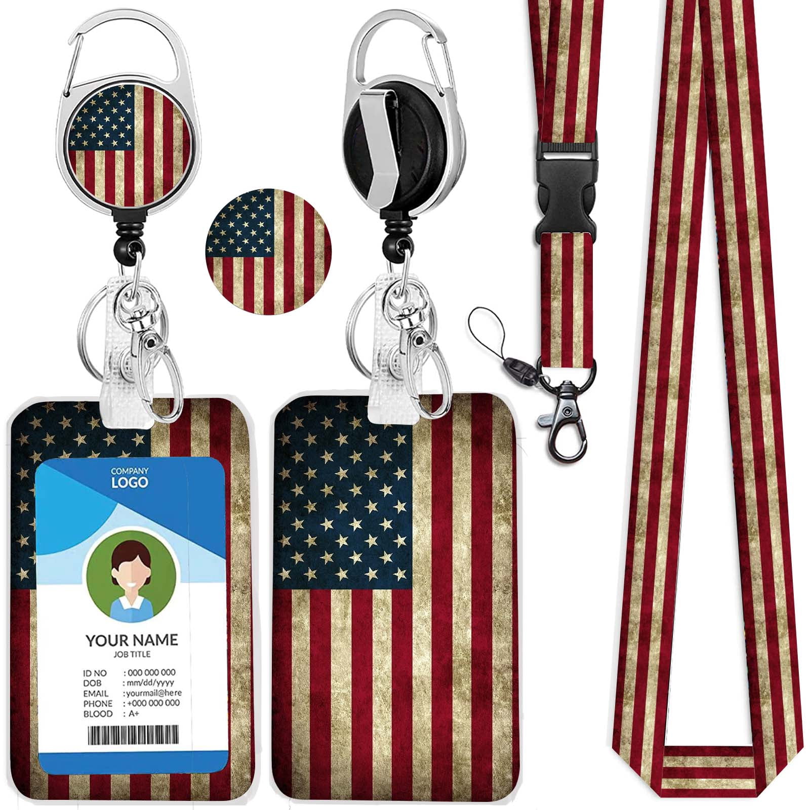 USA Flag Badge Holder with Breakaway Lanyard, 4th of July Badge Reel ...