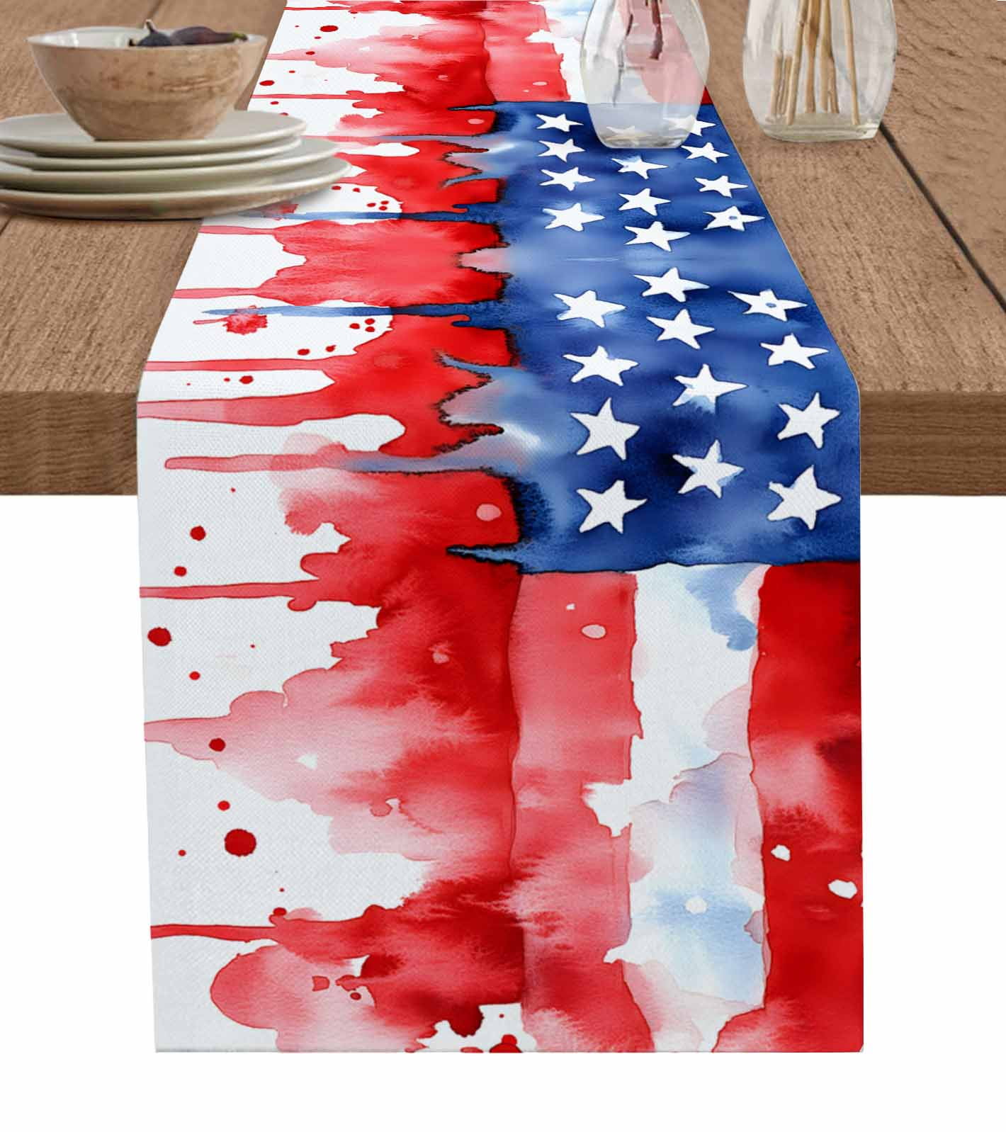 USA Flag Burlap Cotton Table Runner 13x90 Inches Long, Independence Day ...