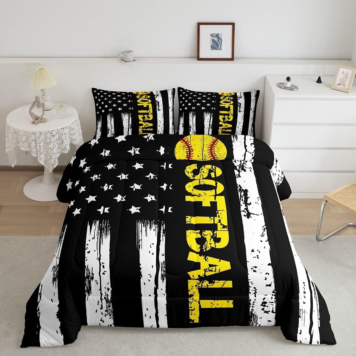USA Flag Comforter Set Baseball Softball Bedding Set Full,White Black ...