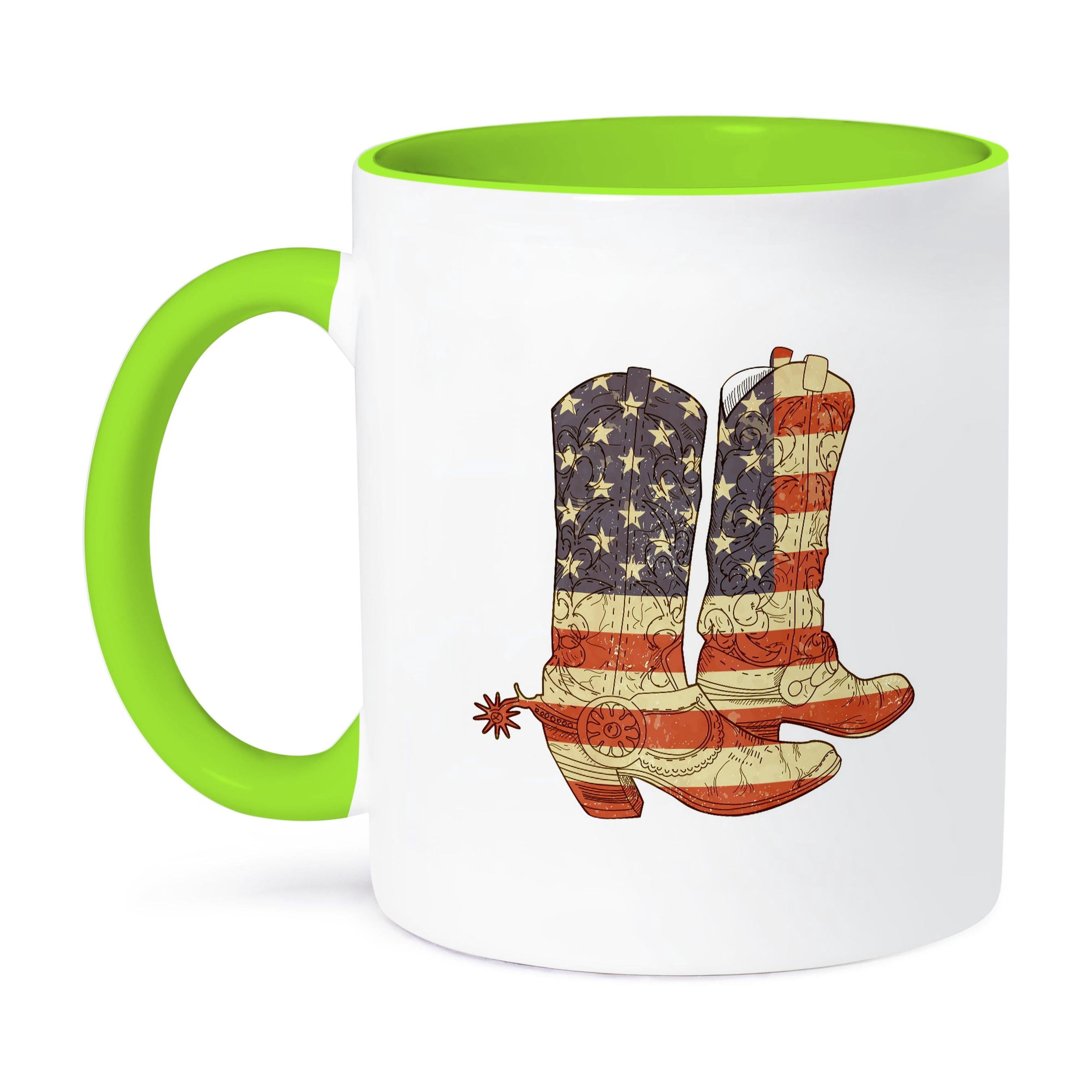 3dRose, USA Flag Cowboy Boots patriotic art, 15oz Two-Tone Green Mug ...