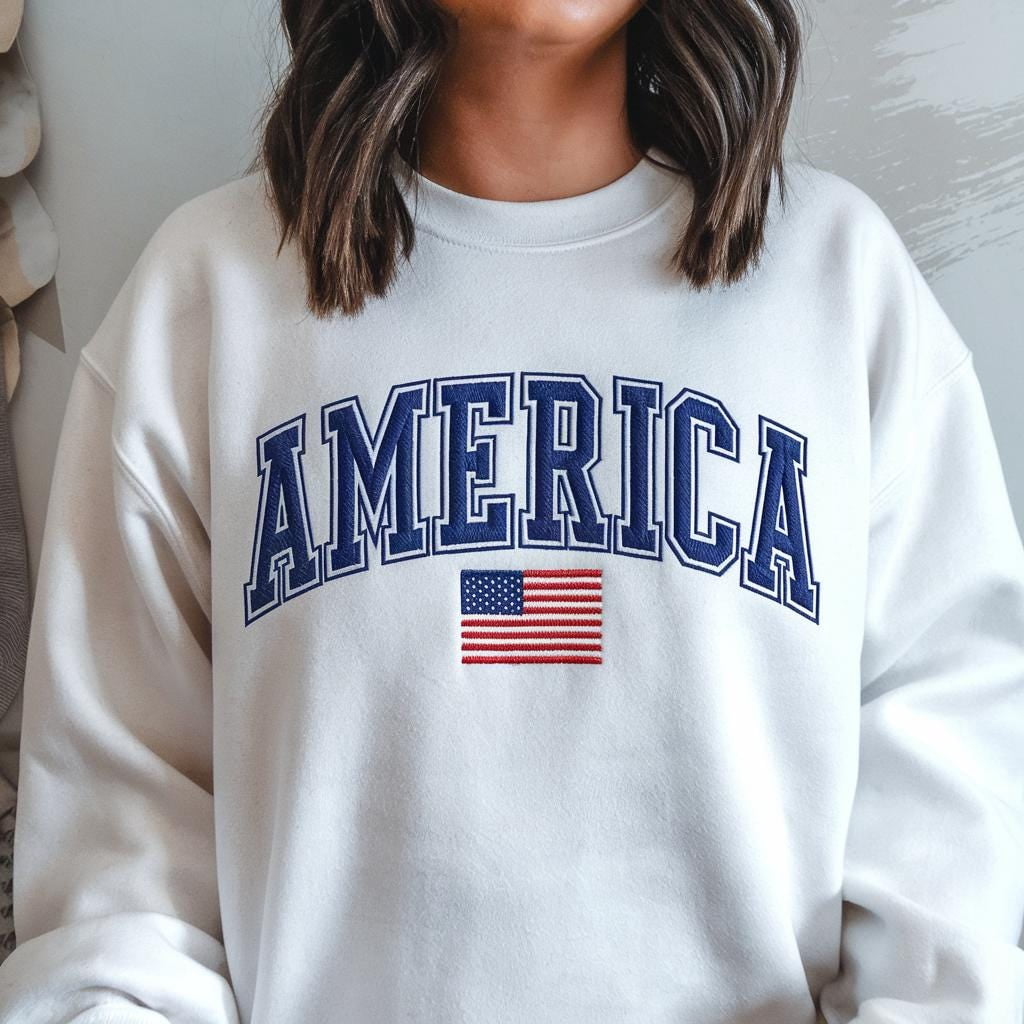 USA Flag Embroidered Sweatshirt, America Patriotic Crewneck, America ...