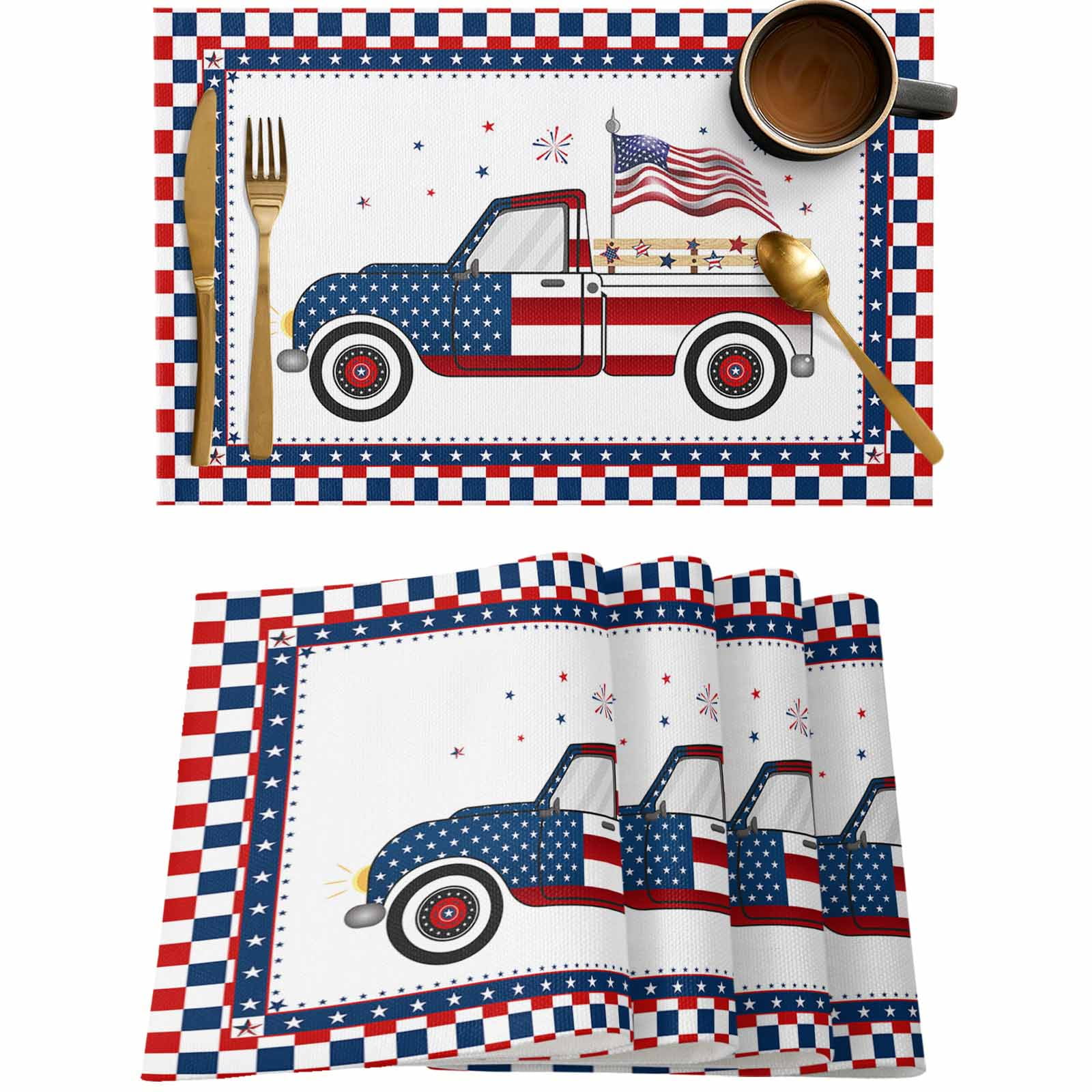 USA Flag Farm Truck Placemats Set of 4,Wipeable Washable Table Mats for ...