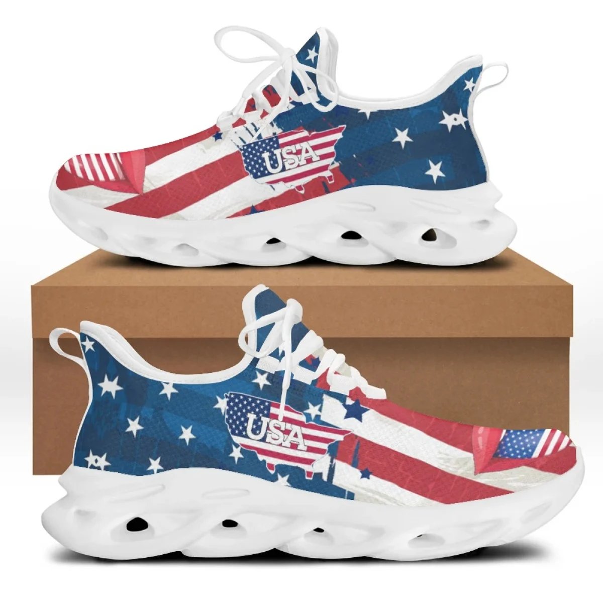 USA Flag Flat Mesh Shoe American Flag Custom Print Chunky Shoes Soft Sneakers National Design ...