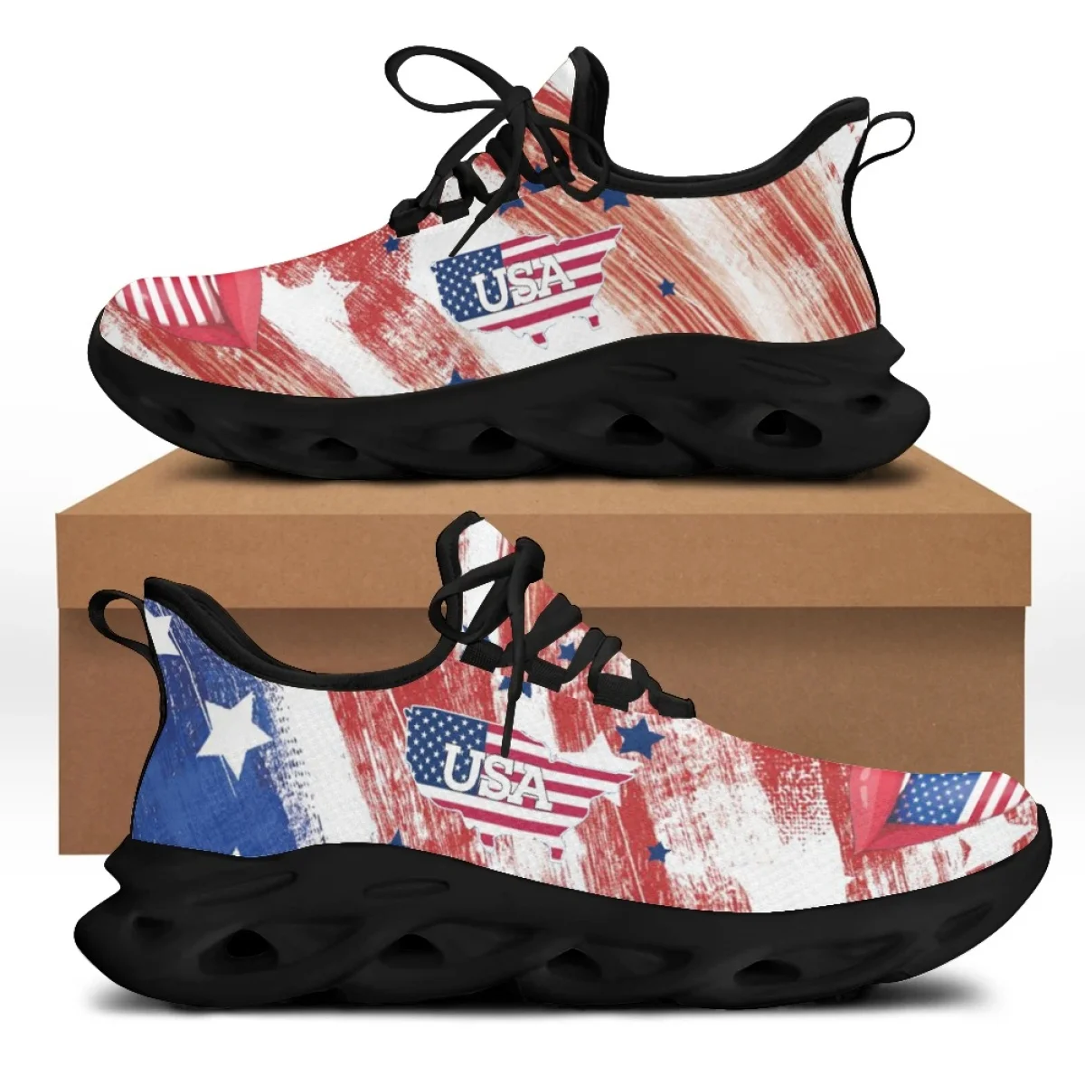 USA Flag Flat Mesh Shoe American Flag Custom Print Chunky Shoes Soft Sneakers National Design ...
