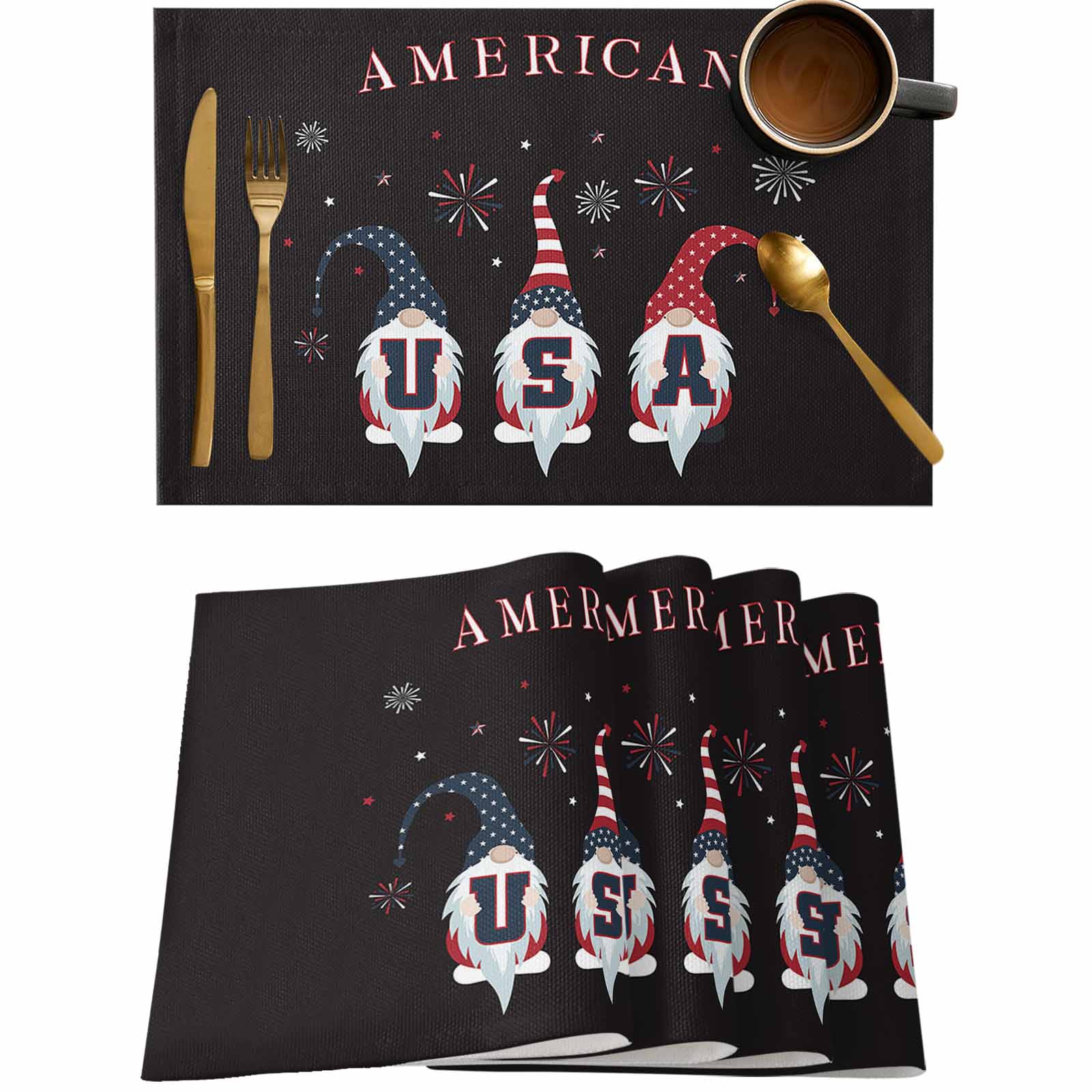 USA Flag Gnome Placemats Set of 4,Wipeable Washable Table Mats for ...
