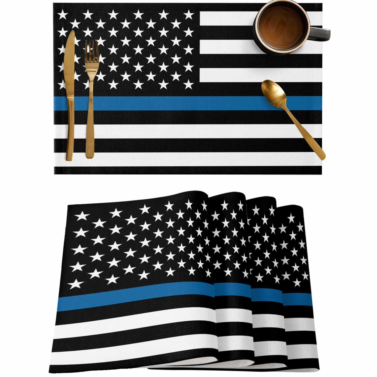 USA Flag Independence Day Thin Blue Line Placemats Set of 4,Wipeable ...