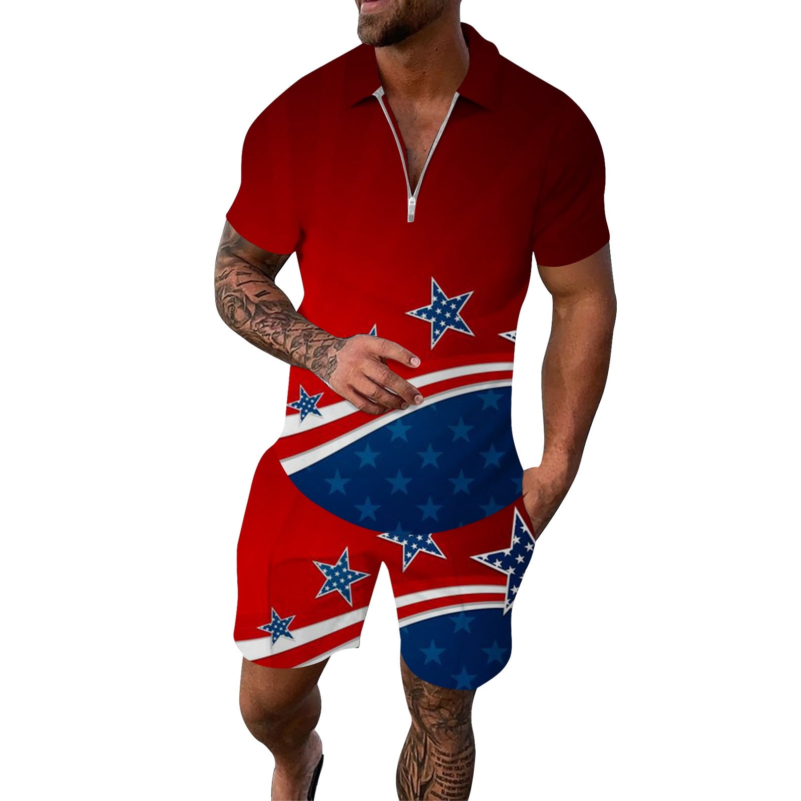 Usa Flag Male Casual Independence Day Print Two Piece Suit Zipper Short