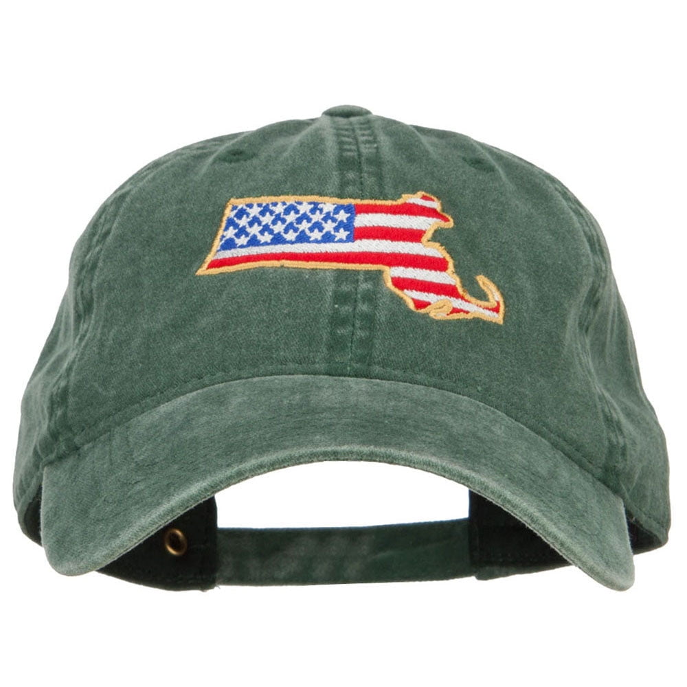 USA Flag Massachusetts Map Embroidered Washed Buckle Cap - Dk Green ...