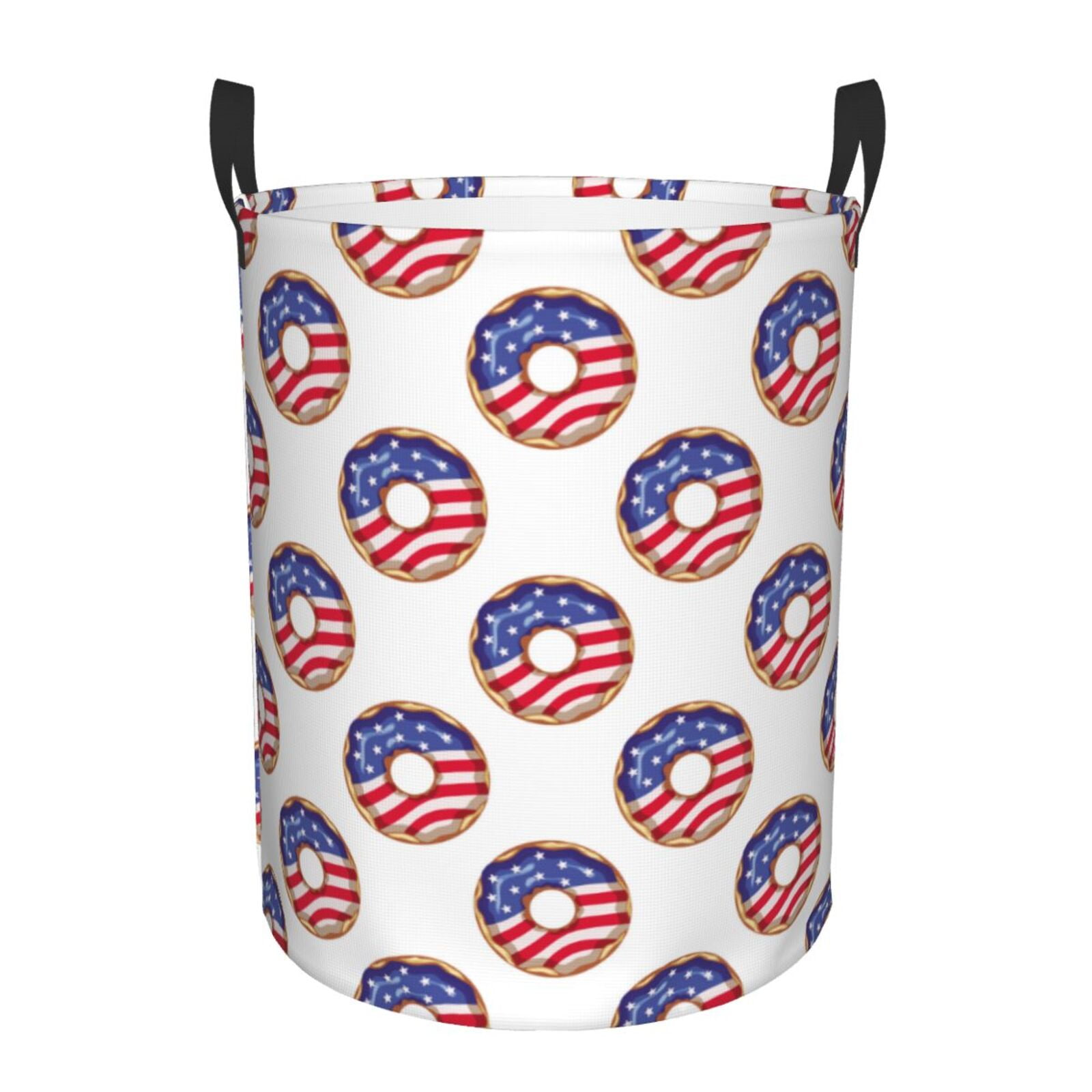 USA Flag Print Donuts Round Laundry Basket, Laundry Hamper with Handle ...