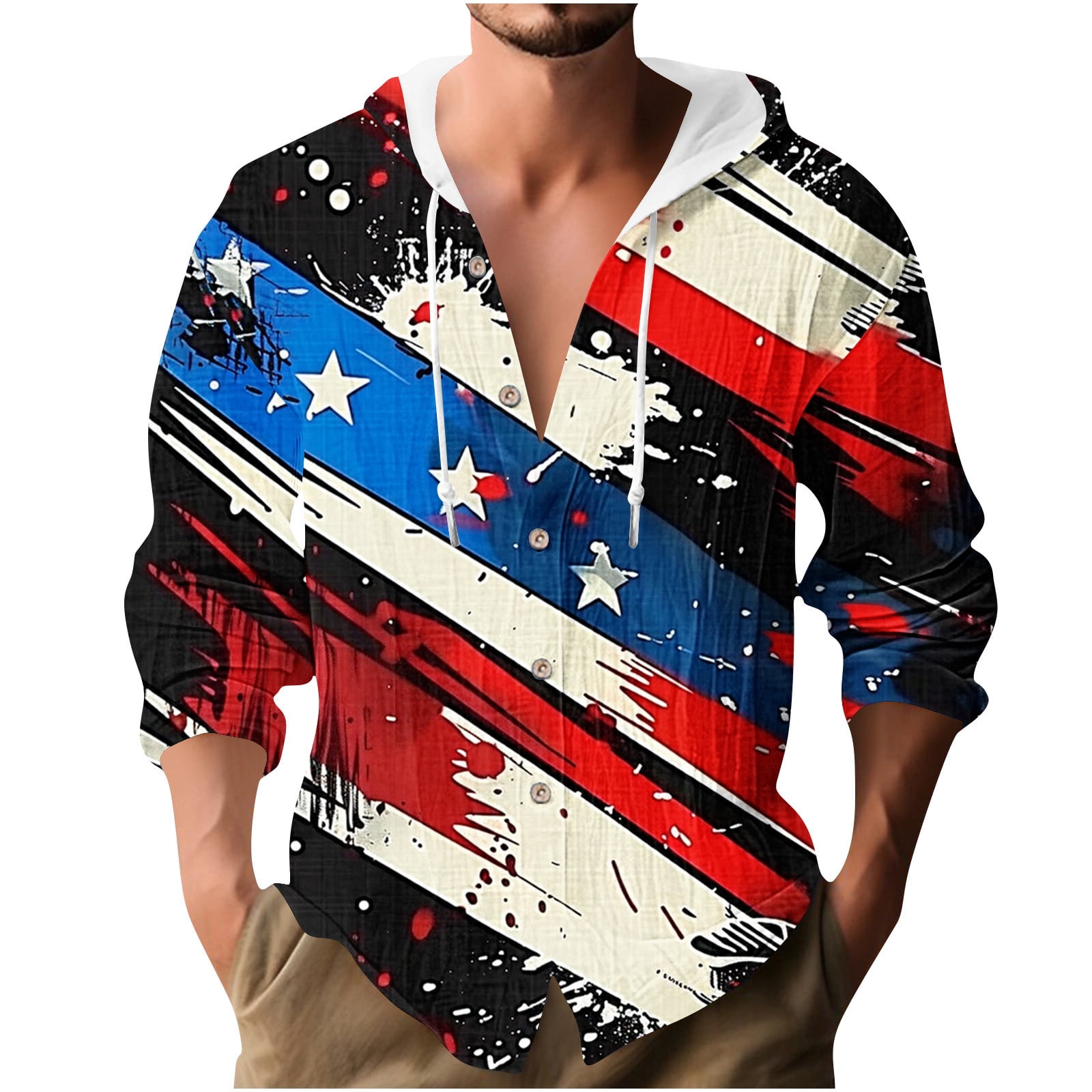USA Flag Print Hooded Shirt - Men's Button Down Linen Sweatshirt ...