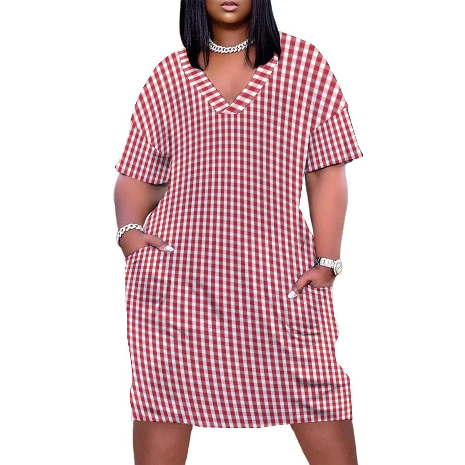 USA Flag Red and White Gingham Checked Loose Pocket Dress short dresses ...