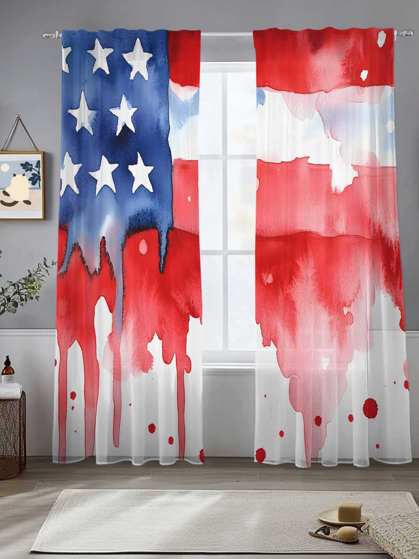 USA Flag Sheer Curtains for Living Room Bedroom Independence Day Red ...
