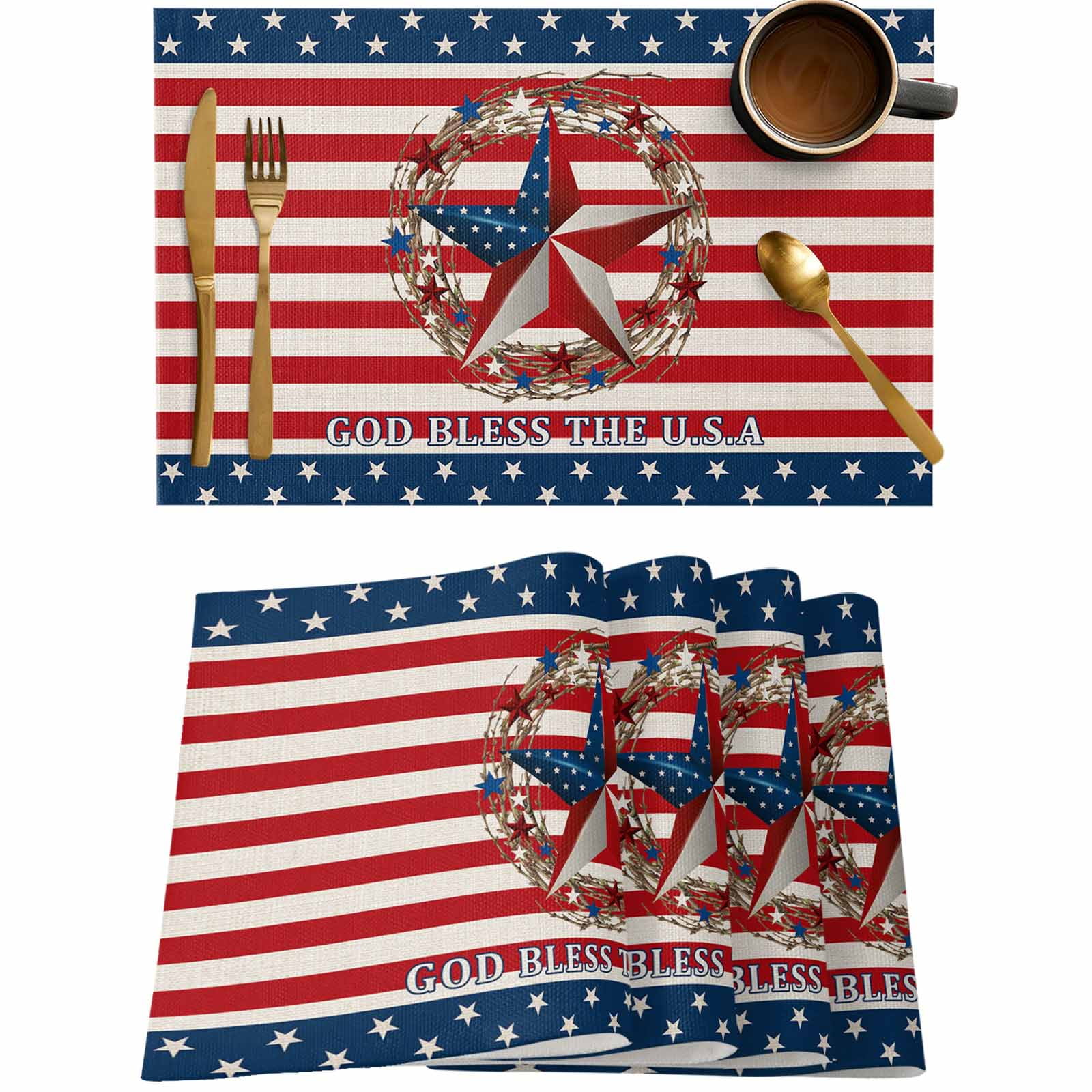 USA Flag Stars Independence Day Red Stripes Placemats Set of 4,Wipeable ...
