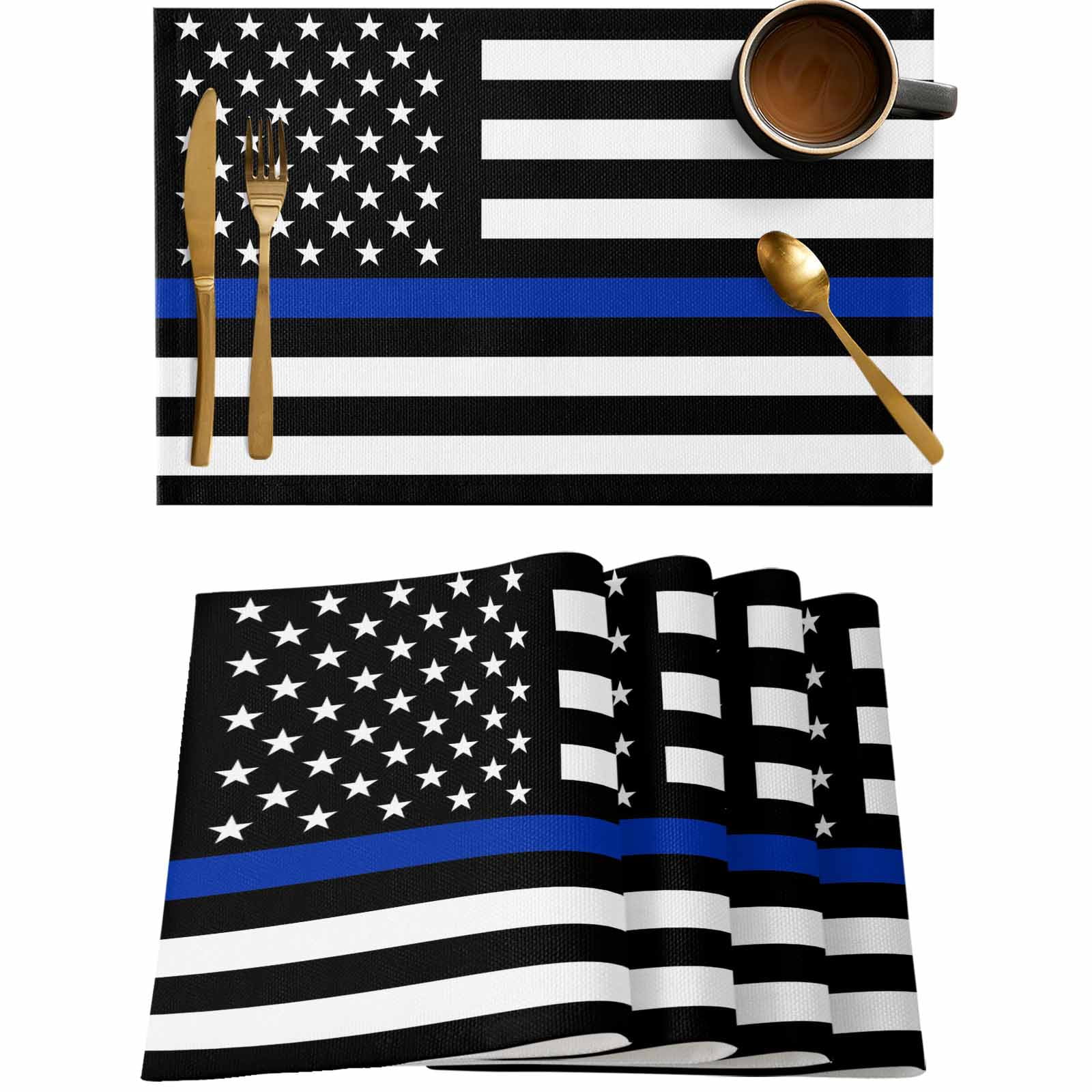 USA Flag Thin Blue Line Star Placemats Set of 4,Wipeable Washable Table ...