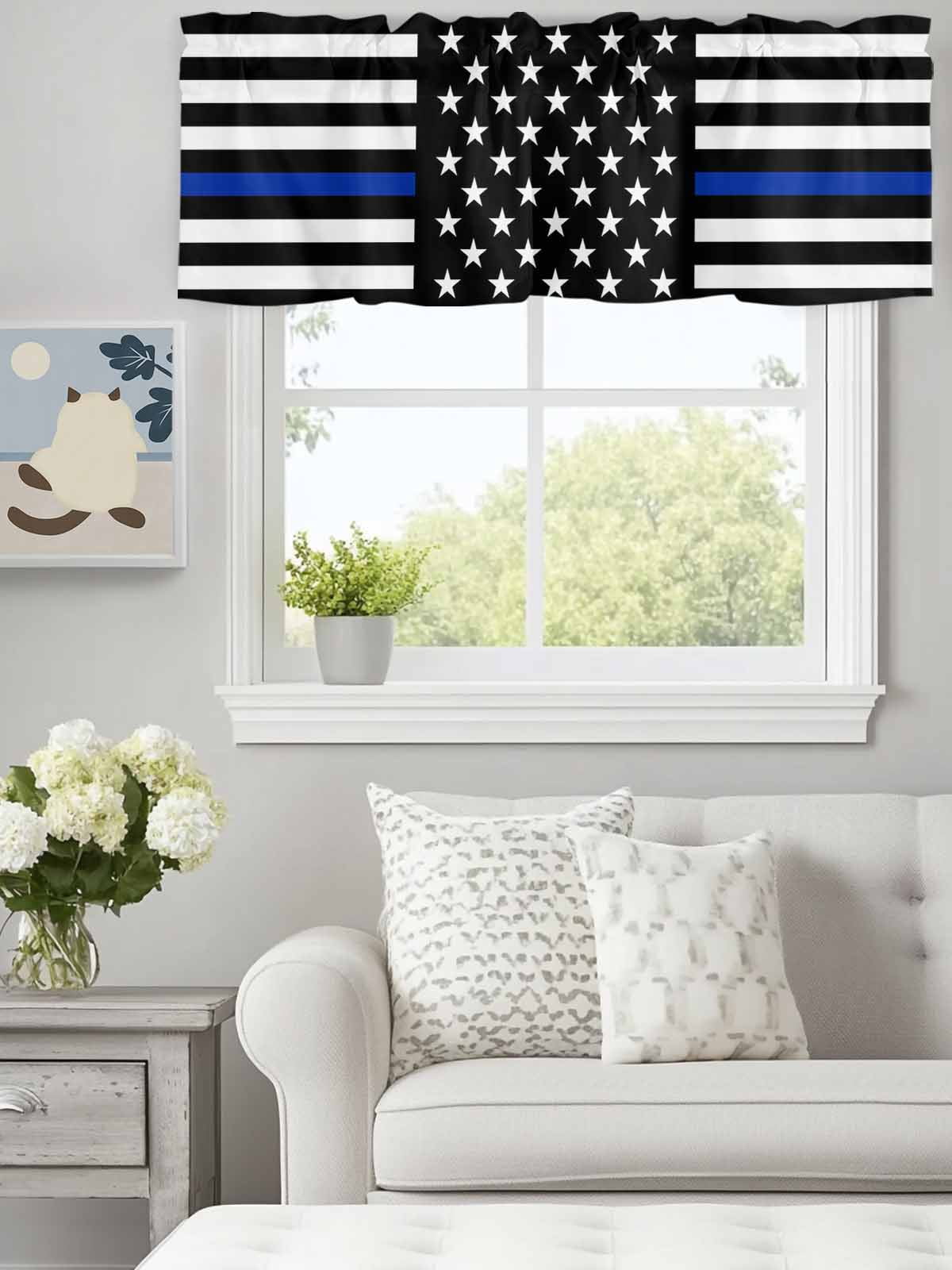 USA Flag Thin Blue Line Star Valances for Windows,Rod Pocket Valance ...