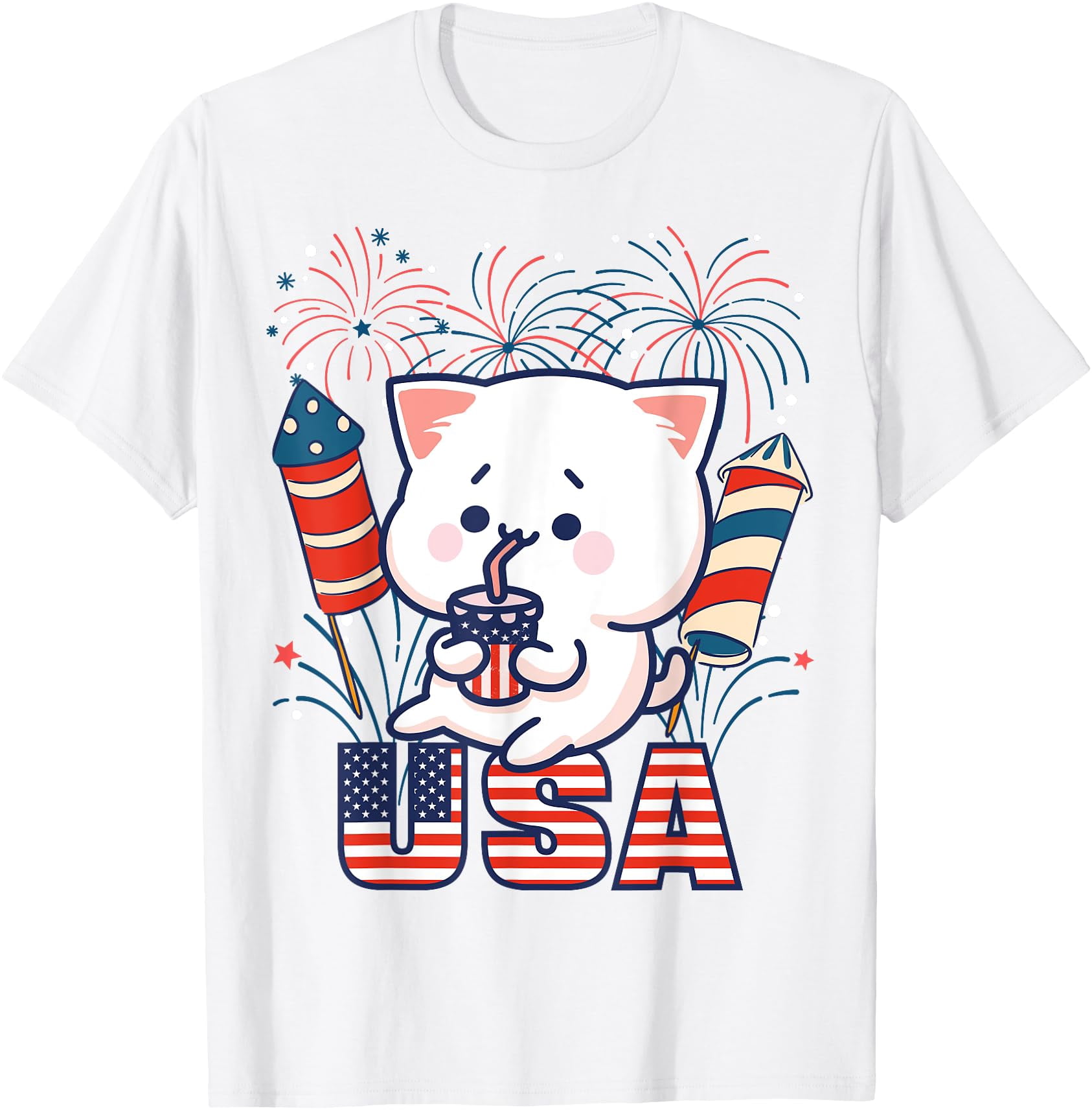 USA Kawaii Cat & Fireworks 4th of July T-Shirt , White - Walmart.com