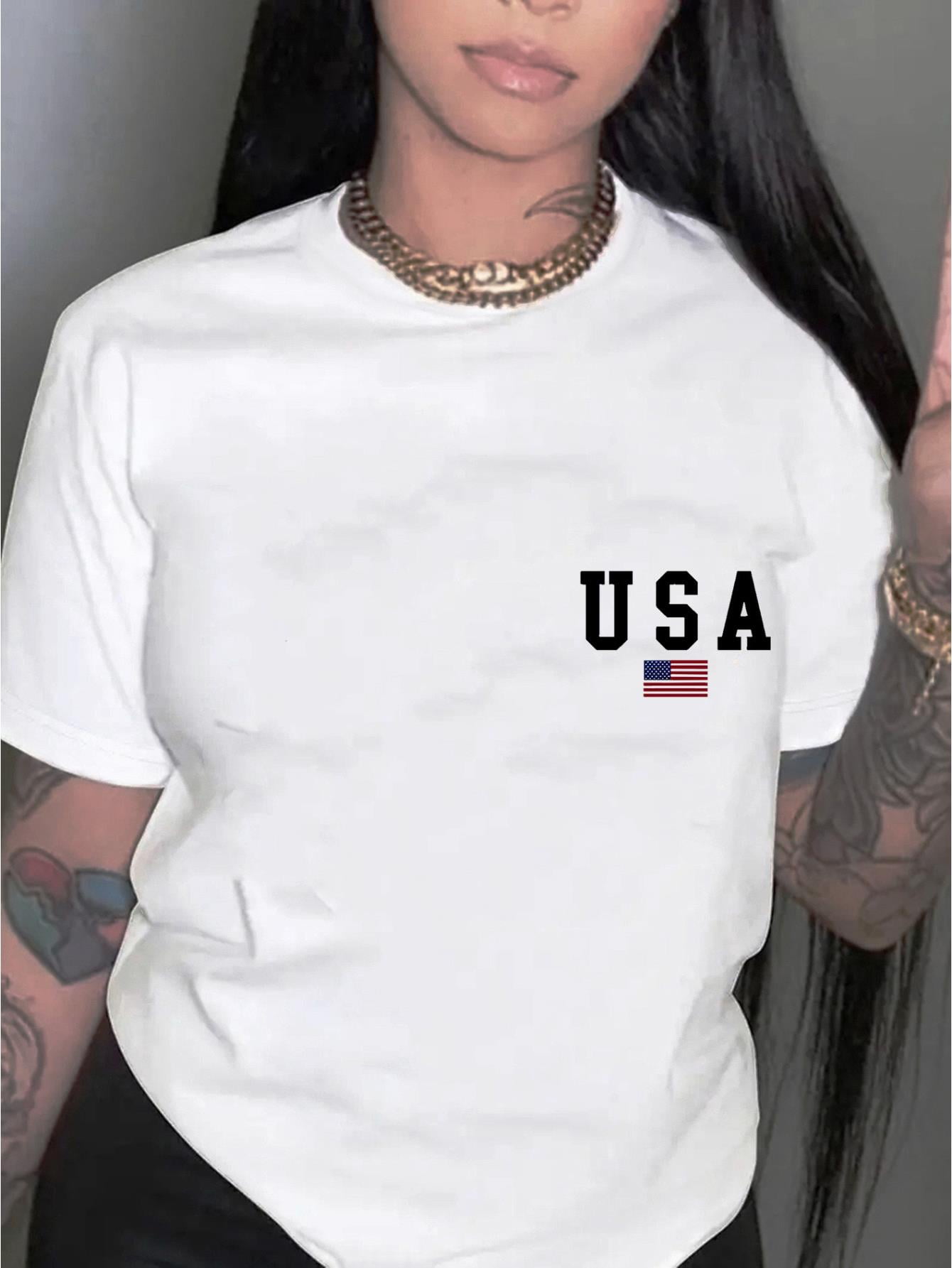 USA Letter Print Crew Neck T-Shirt - Casual Polyester Knit Tee with ...
