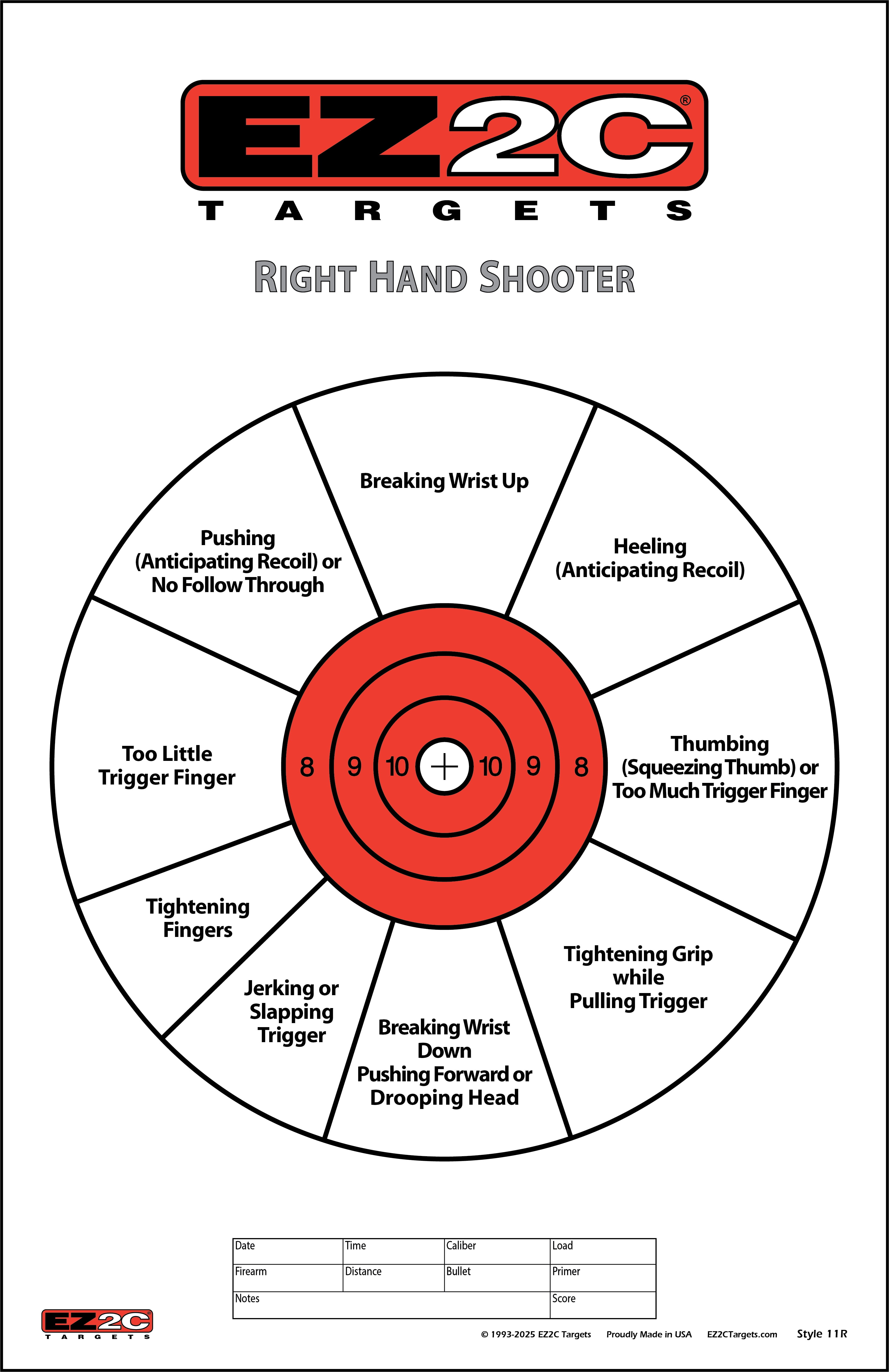 USA Made EZ2C 25 Right Hand Shooting Range Diagnostic Training Paper ...