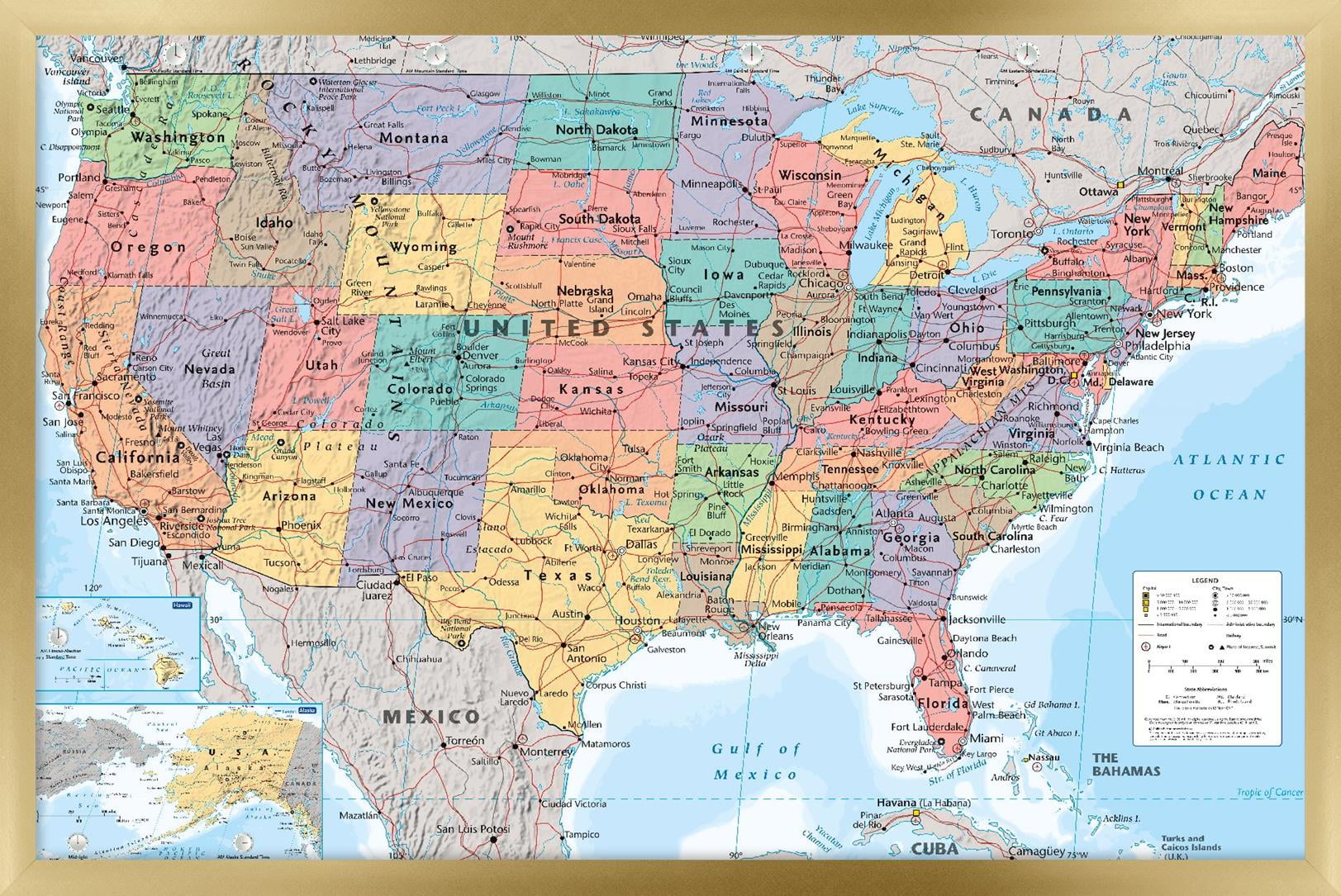 USA Map 2023 Wall Poster, 22.375" x 34" Framed - Walmart.com