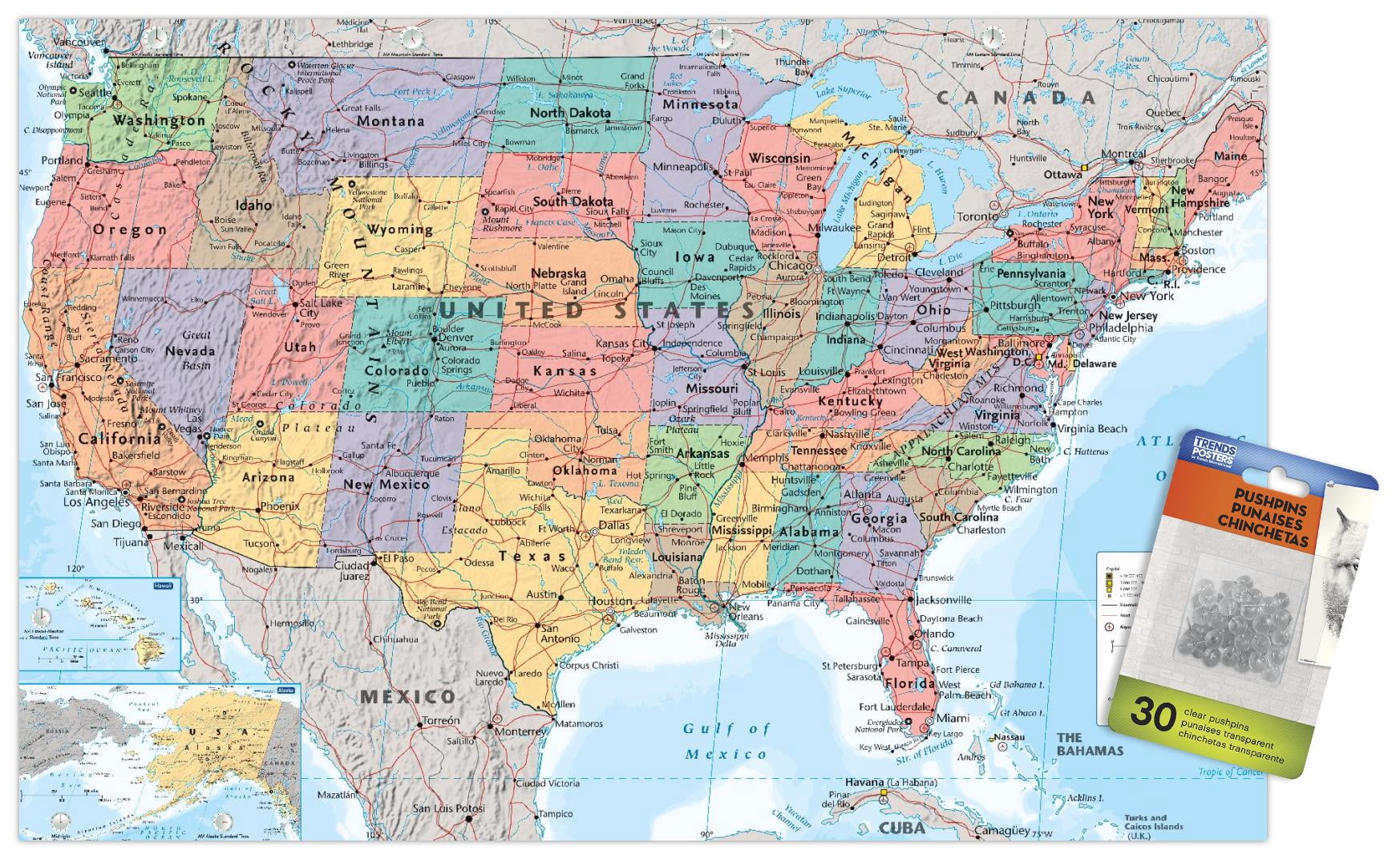 USA Map 2023 Wall Poster with Push Pins, 14.725" x 22.375" - Walmart.com