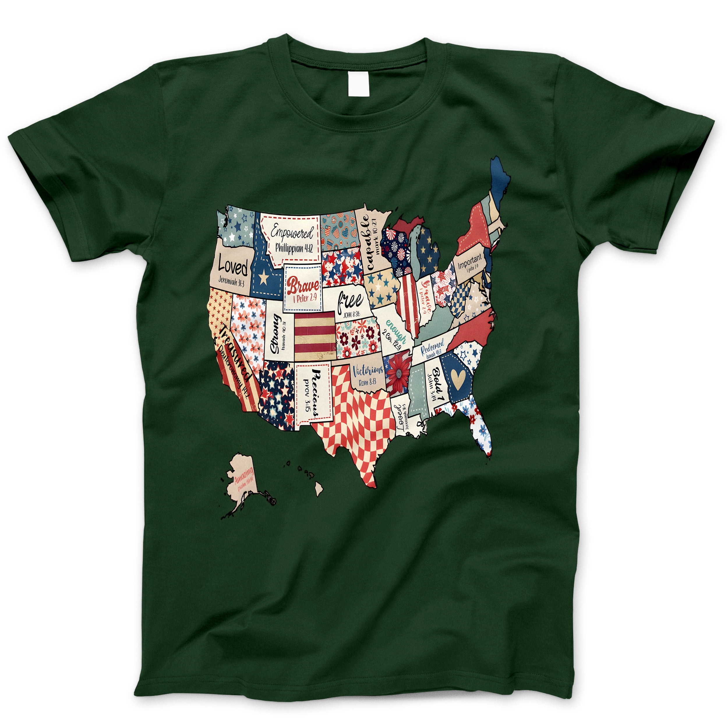 USA Map Christian Patchwork T-Shirt – Bible Verse States Tee with ...