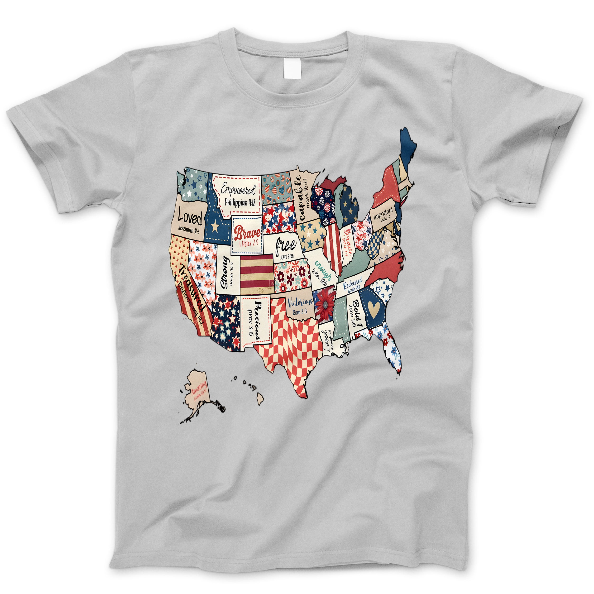 USA Map Christian Patchwork T-Shirt – Bible Verse States Tee with ...